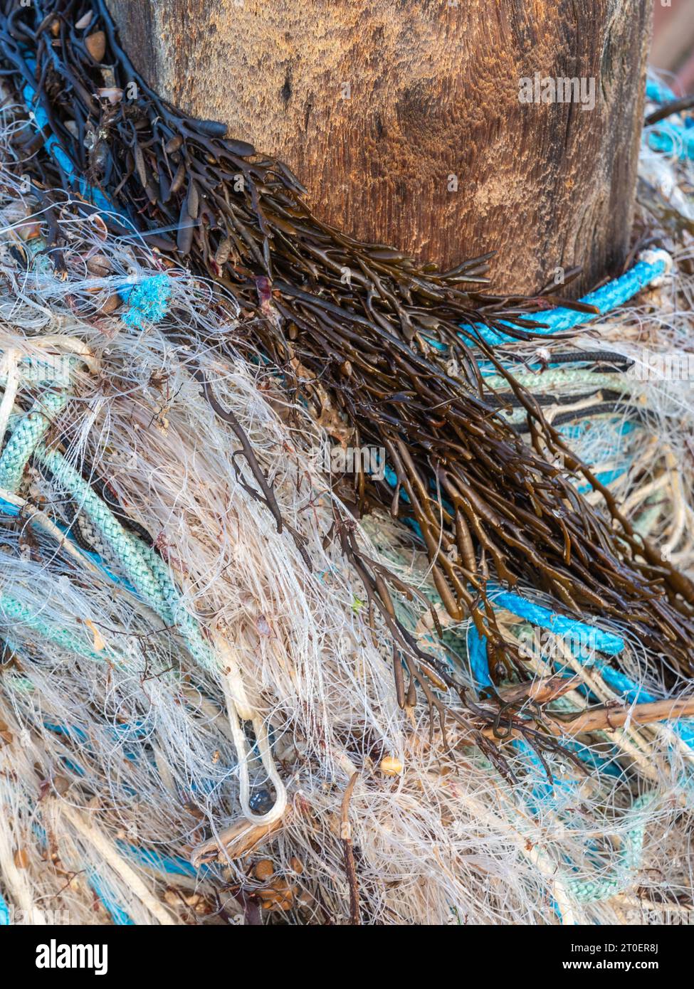 Tangled fishing net washed up and caught on South Coast beach Stock ...