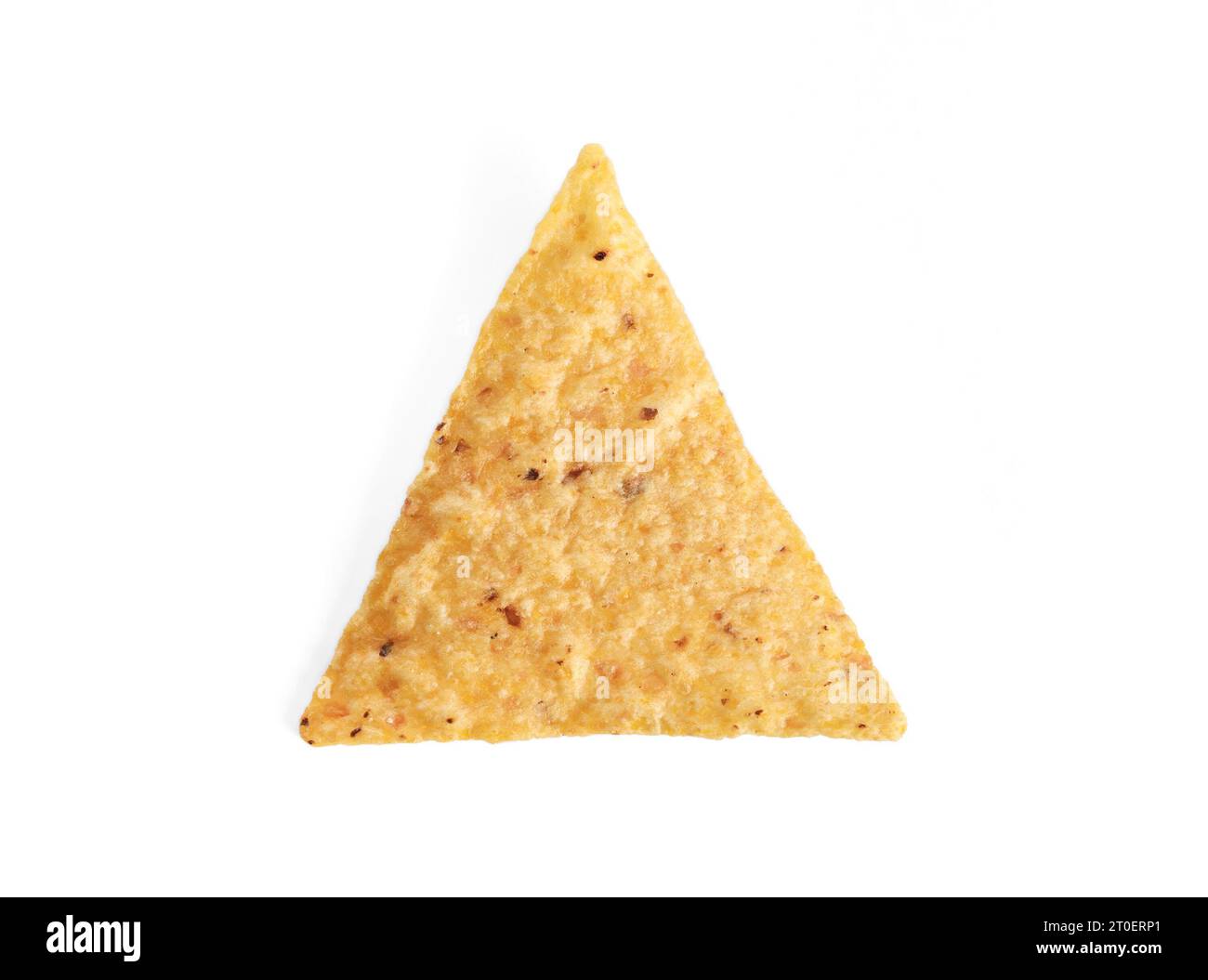 Isolated tortilla chip or nacho chips. Top view of one yellow triangle ...