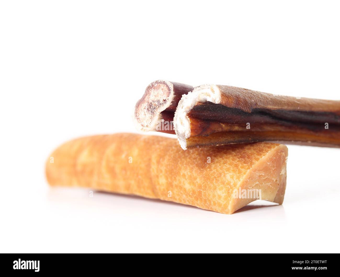 Variety of dog chew sticks, close up. Stack of yak milk bone, beef ...