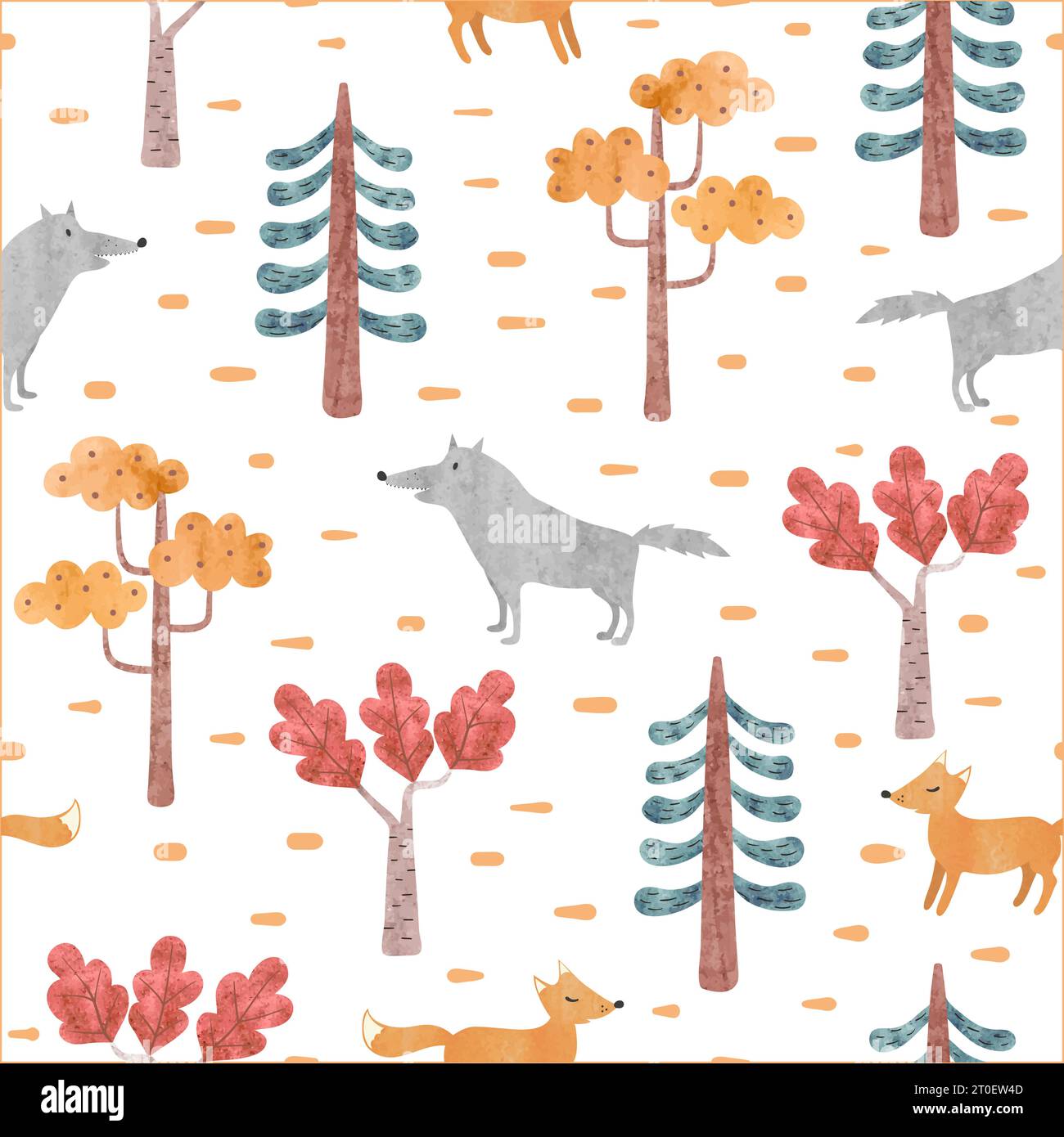 Seamless cartoon woodland pattern with fox and wolf. Vector watercolor ...
