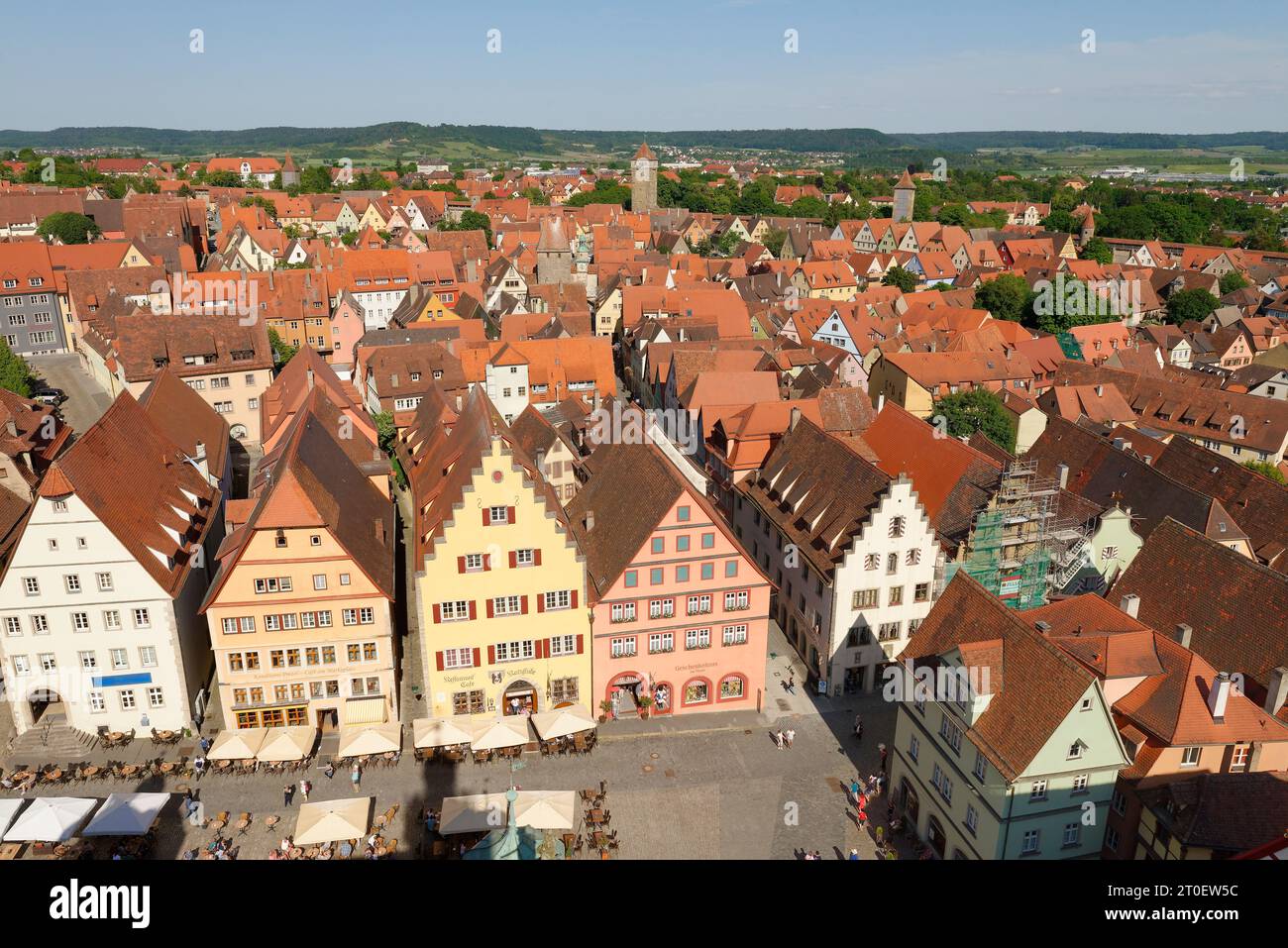 View of the market square and the old town, Rothenburg ob der Tauber ...