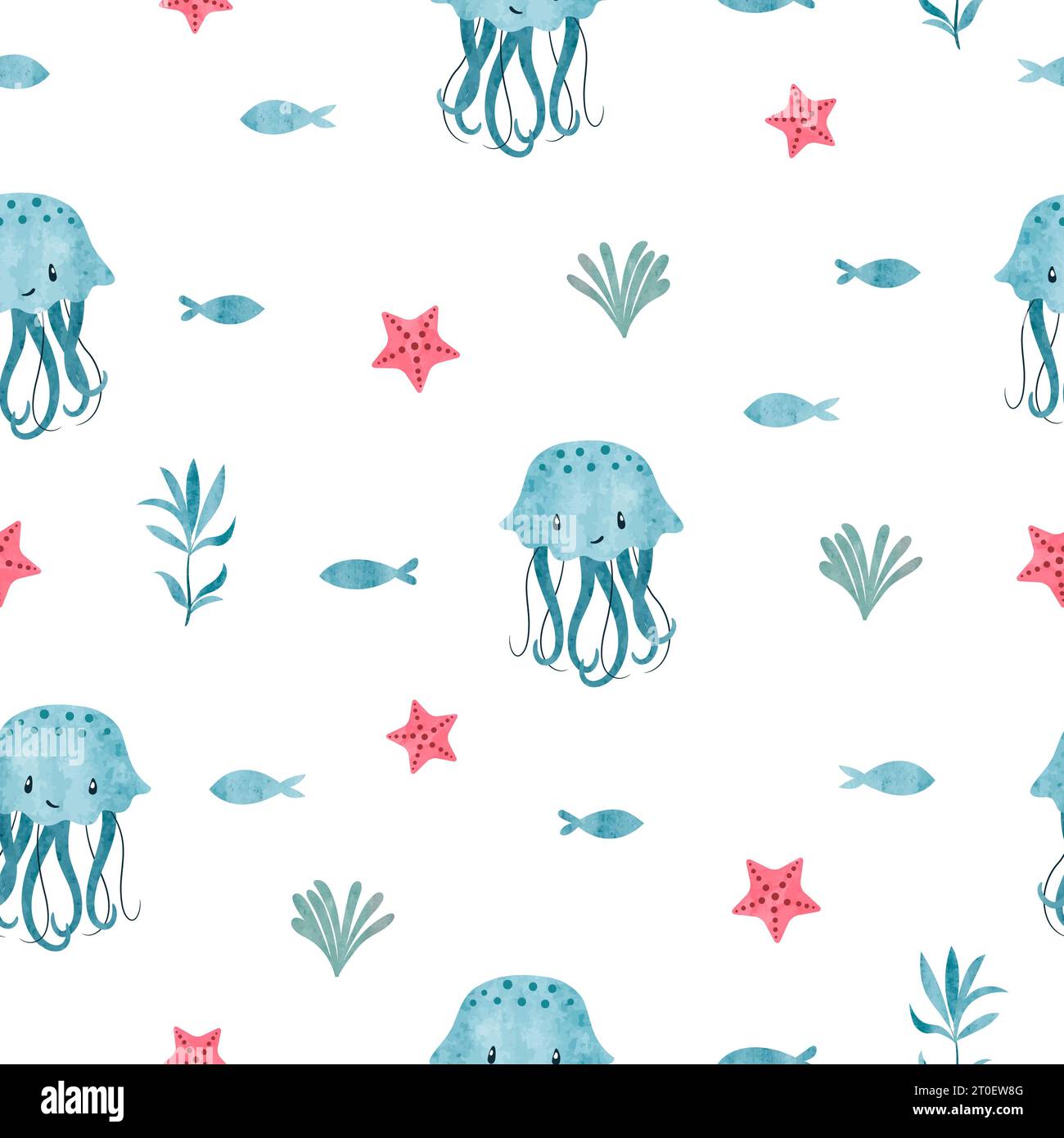 Seamless cute jellyfish pattern. Vector watercolor sea illustration ...