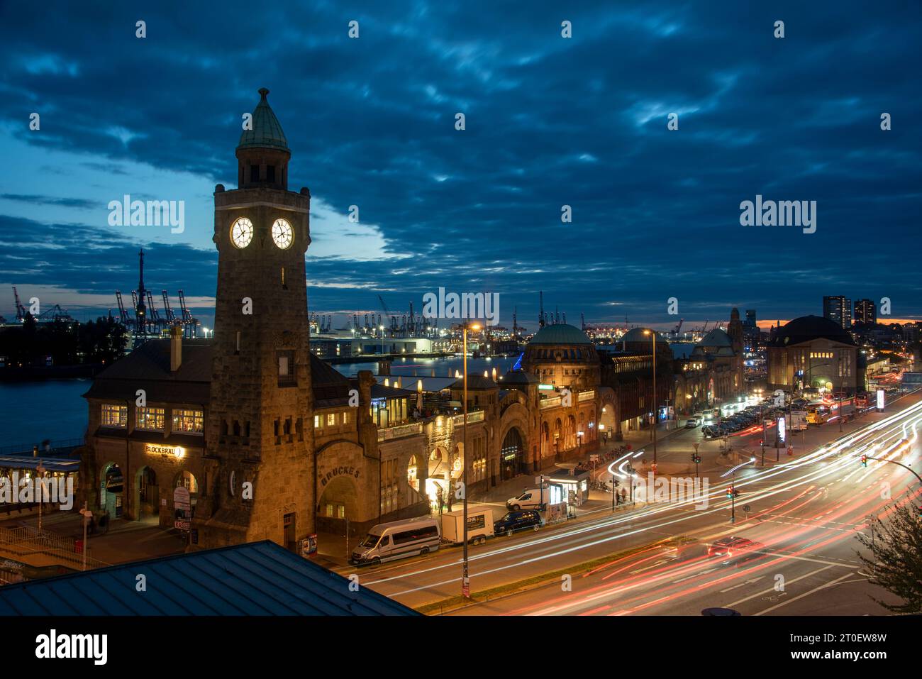 Water level tower, landing stages on the Elbe, Hamburg harbor, Hamburg ...