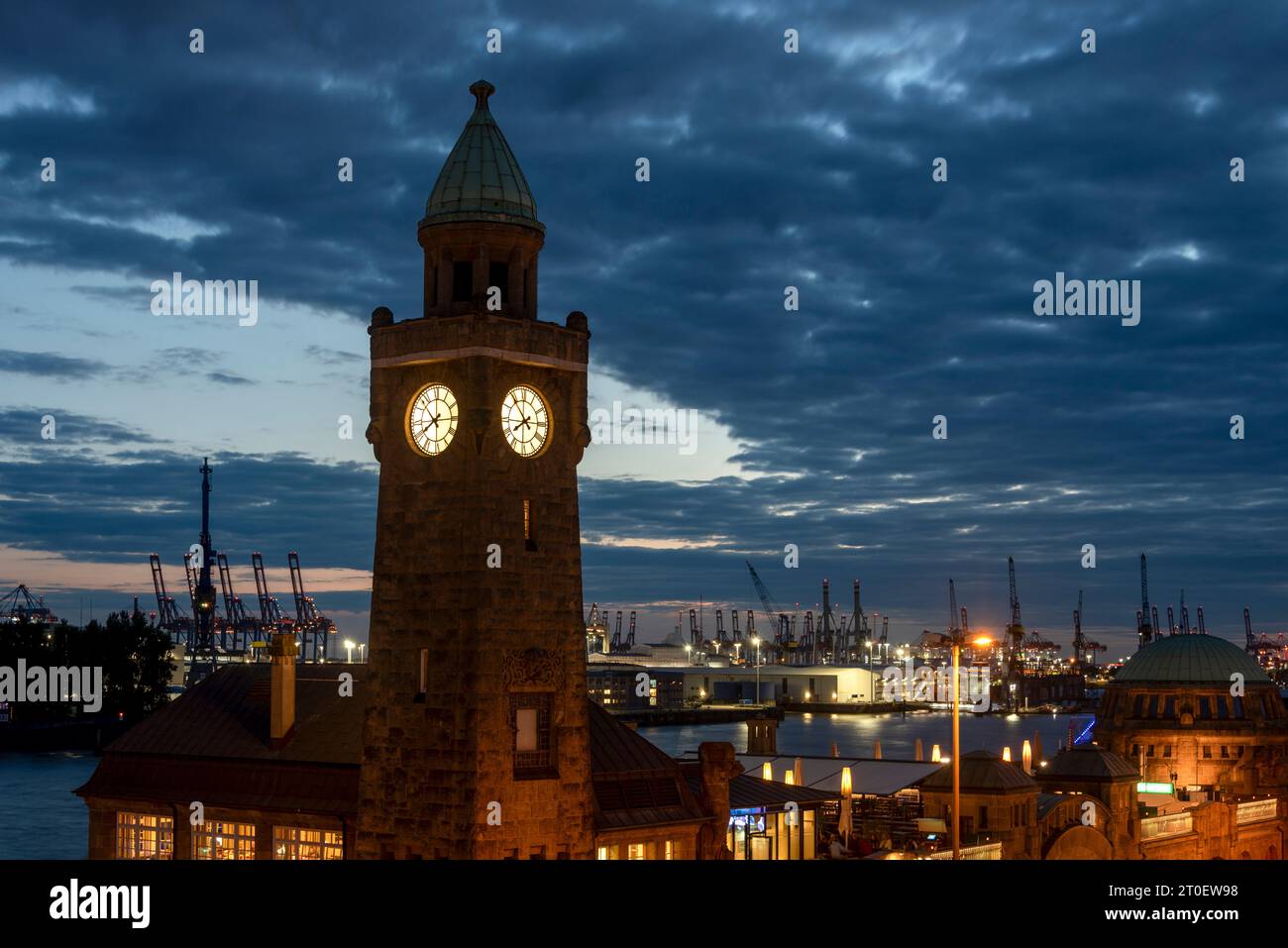 Water level tower, landing stages on the Elbe, Hamburg harbor, Hamburg ...