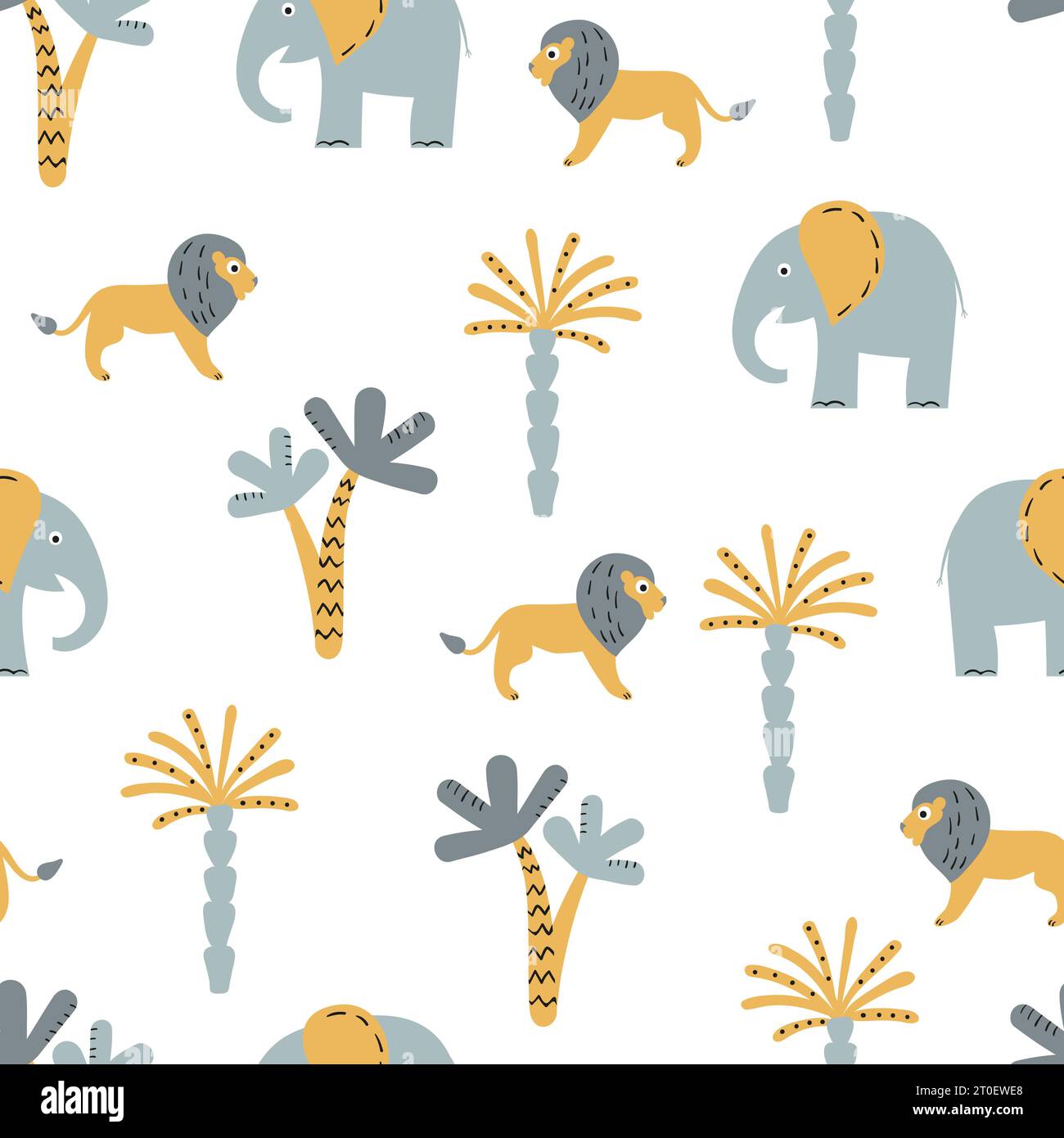 Seamless safari pattern with cute animals, elephant and lion. Vector ...