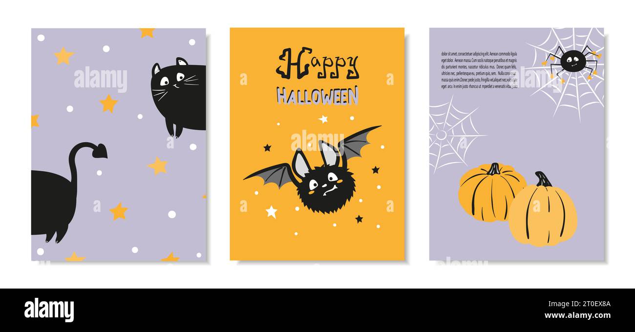 Halloween posters set for kids. Cute Halloween card with bat, pumpkin ...