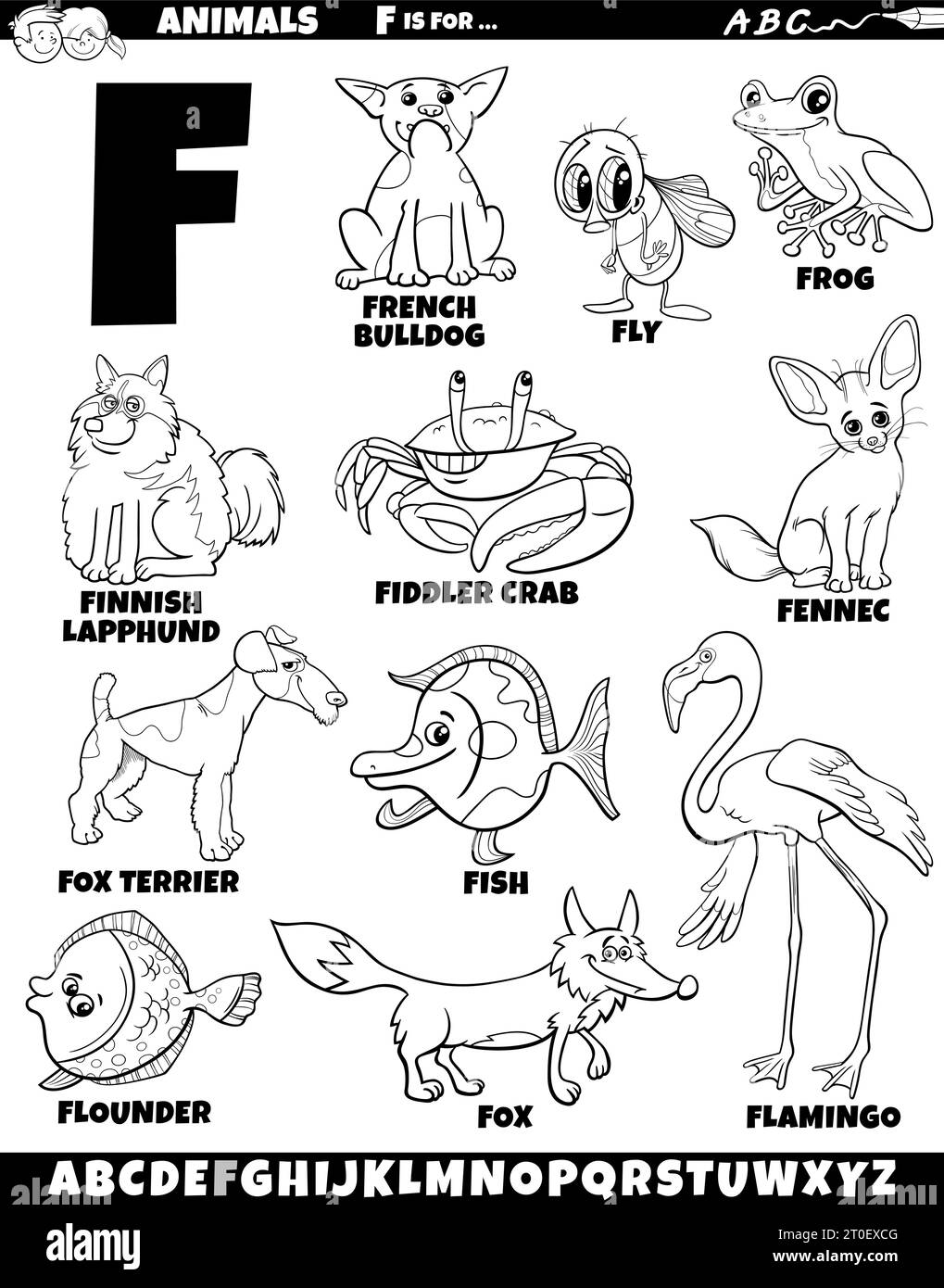 Cartoon illustration of animal characters set for letter F coloring ...
