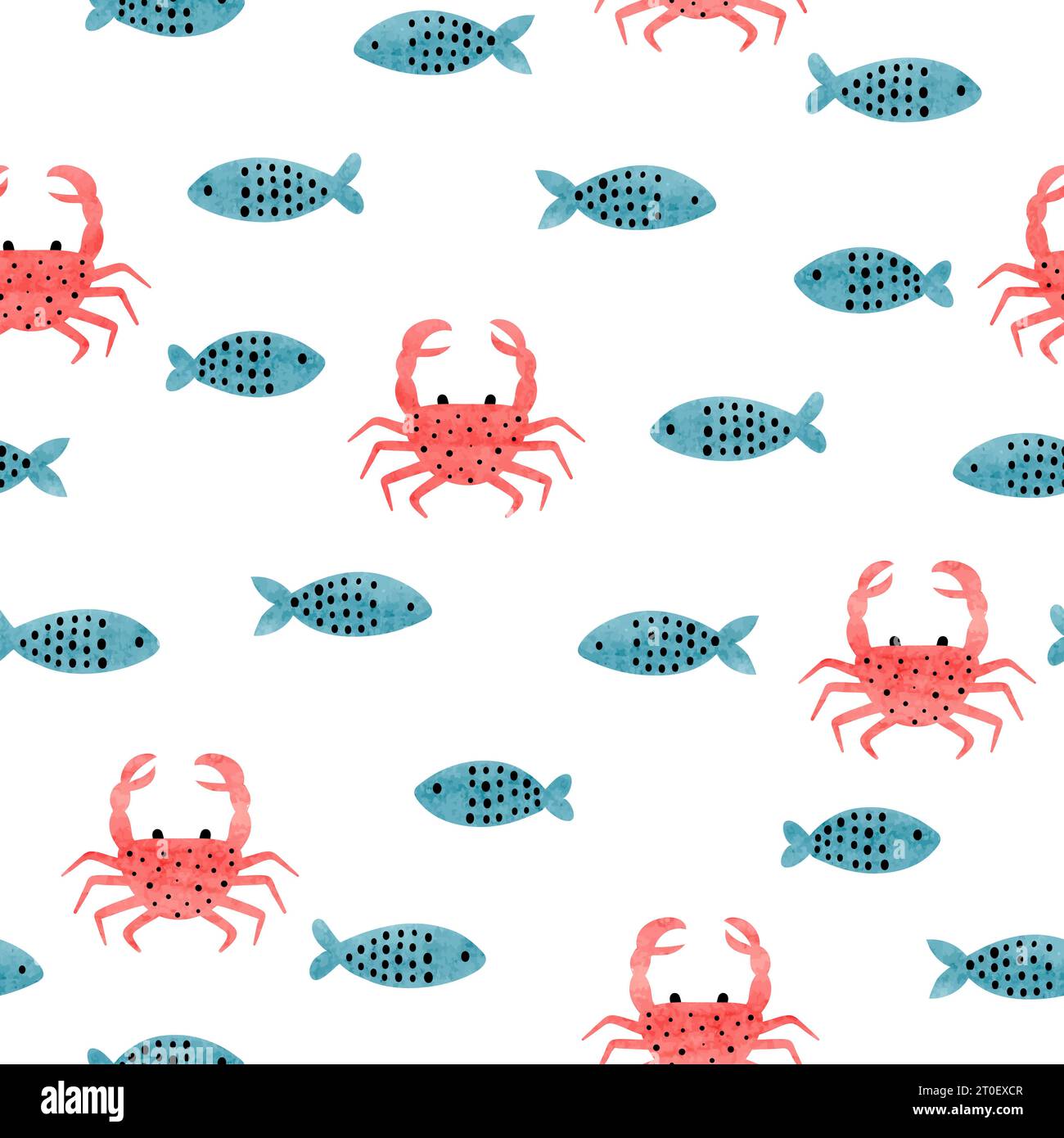 Seamless sea pattern with cute crabs and fish. Vector watercolor ocean ...
