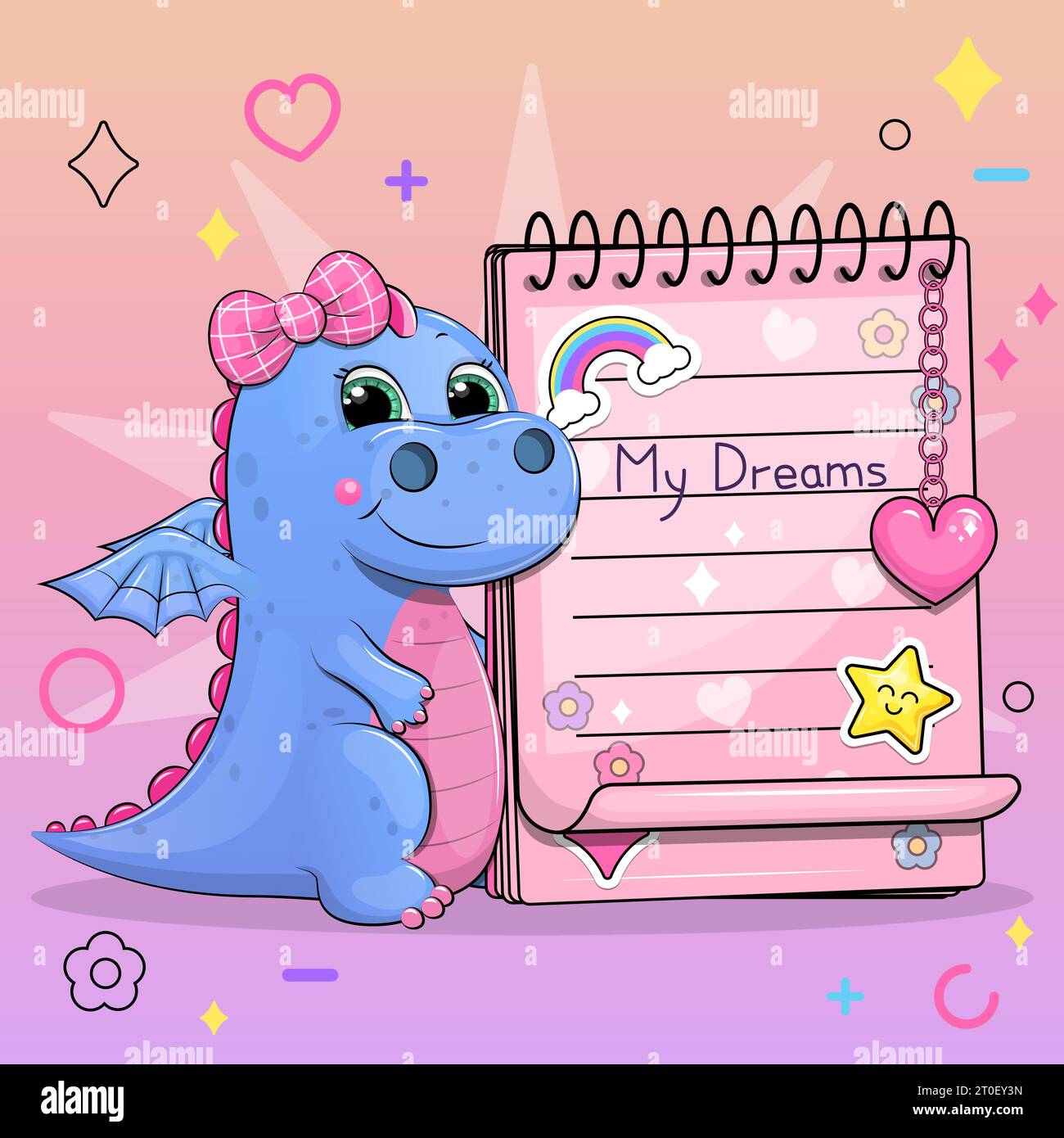 A cute cartoon blue dragon with a big pink notebook with stickers ...