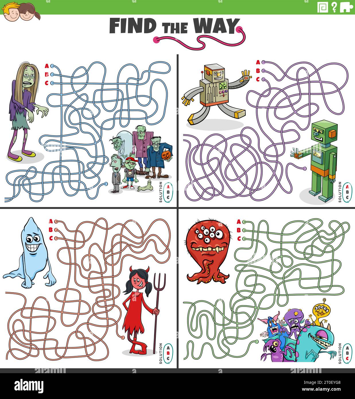 Cartoon illustration of find the way maze puzzle activities set with ...