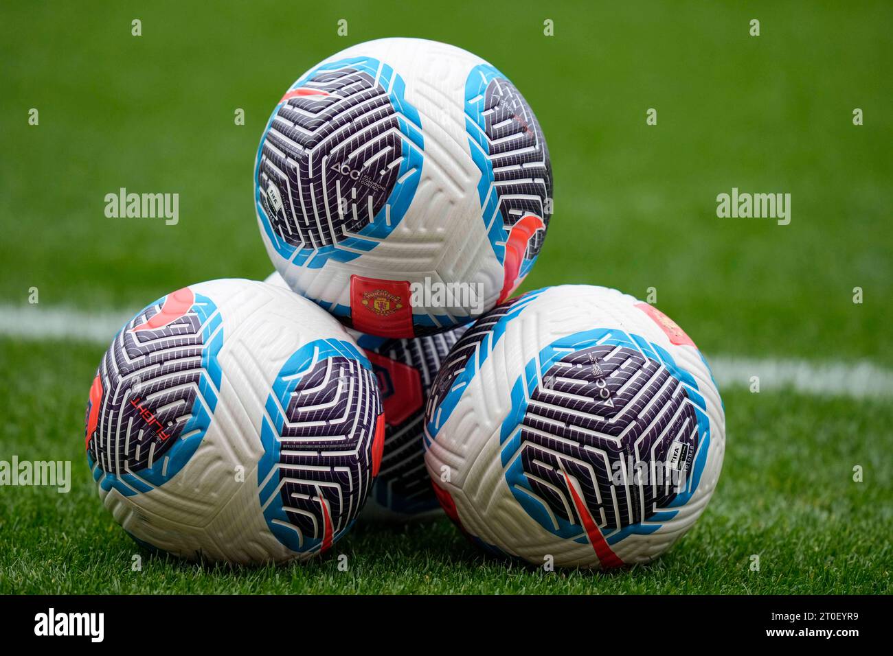Leigh, UK. 06th Oct, 2023. Manchester United branded footballs before ...