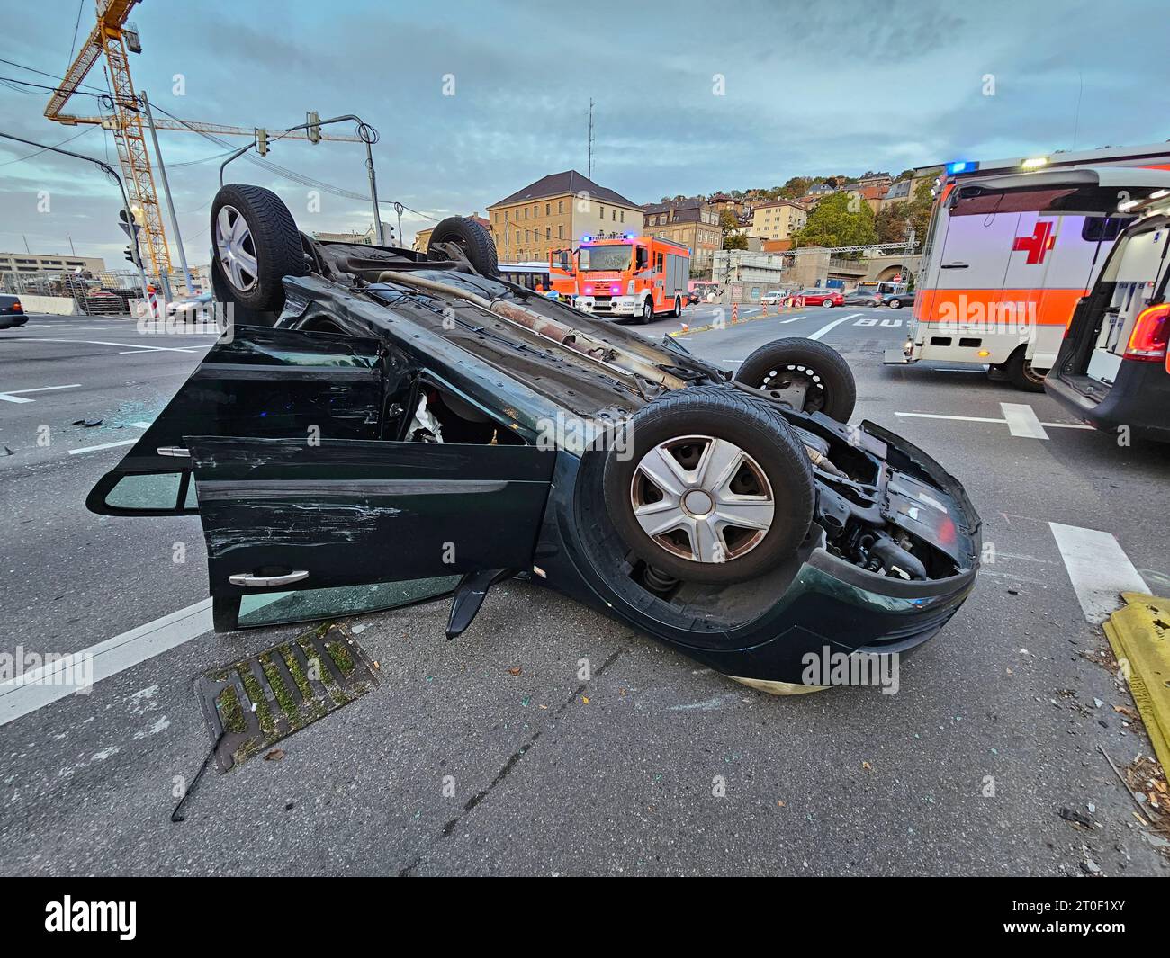 Stuttgart, Germany. 06th Oct, 2023. A car has overturned in an accident ...