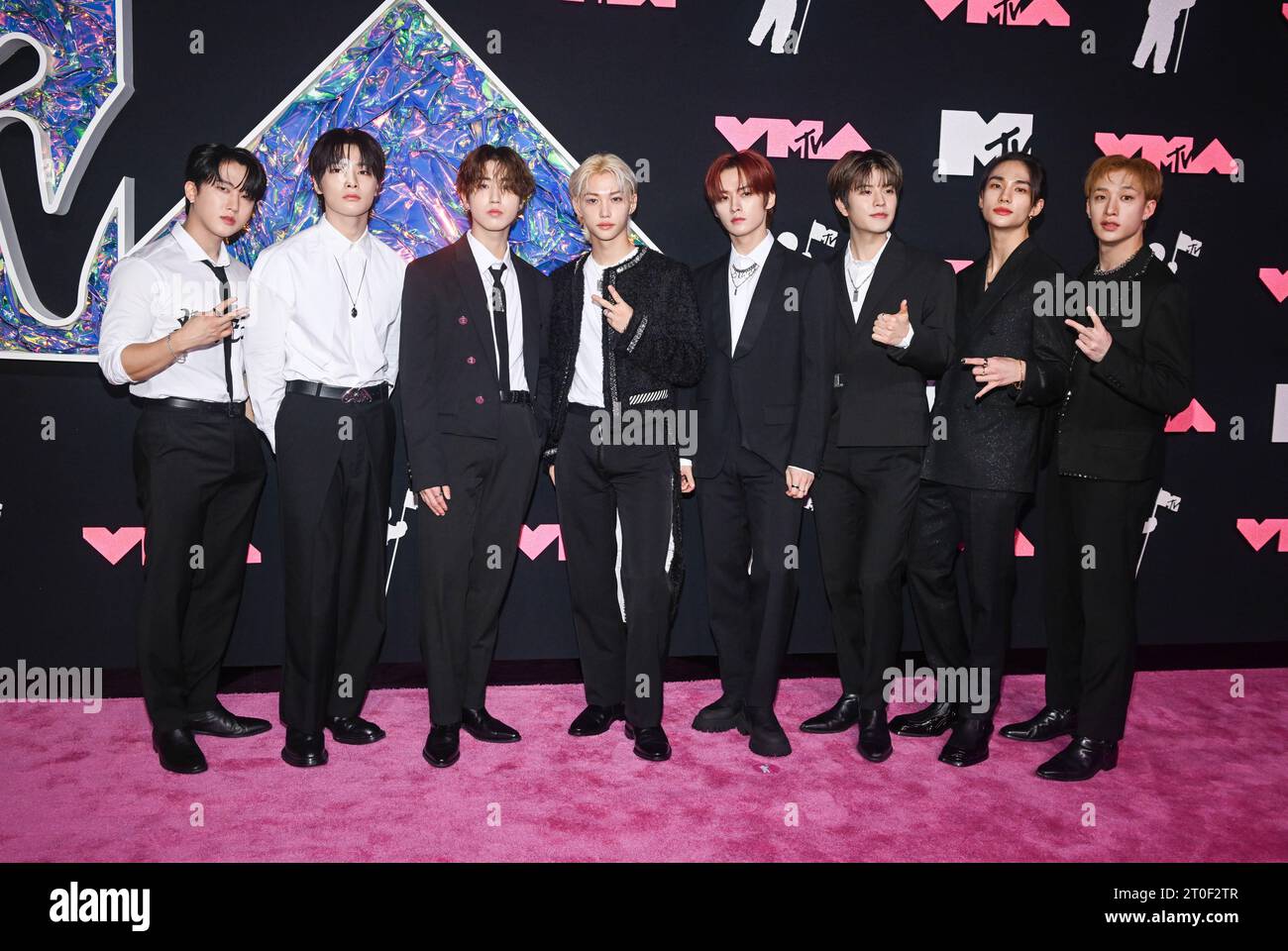 (L-R) Changbin, I.N, Han, Felix, Lee Know, Seungmin, Hyunjin and Bang ...