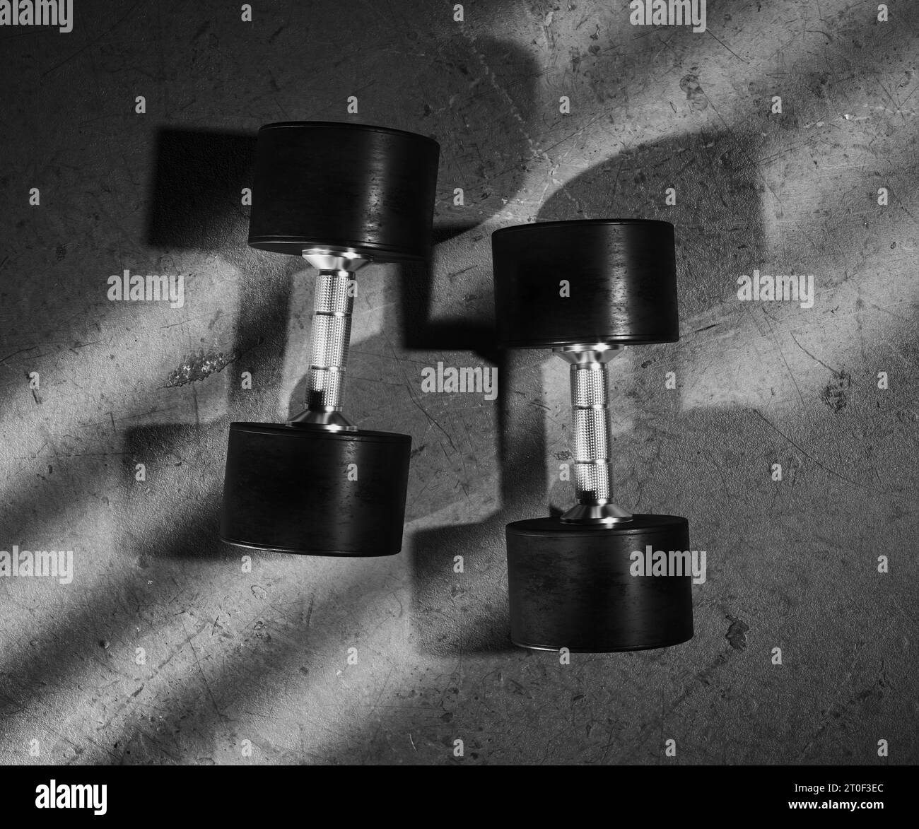 Pair Of Dumbbells isolated on a gym grey concrete floor. Modern fitness ...