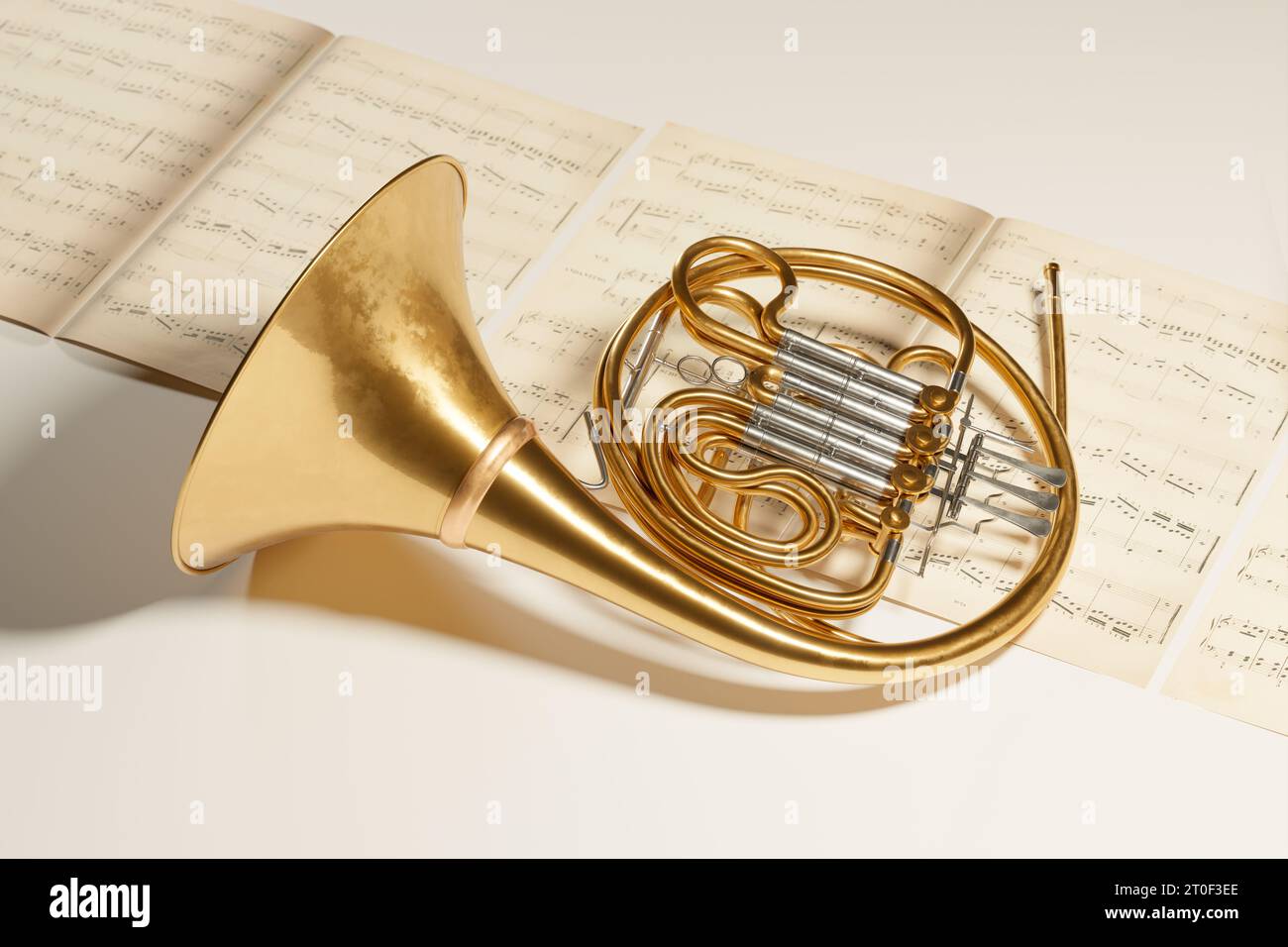 Wide shot of a French horn put on music note sheets. A brass instrument ...