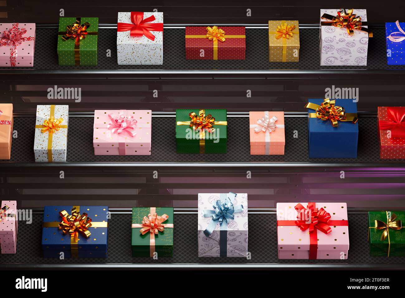 Countless beautiful, colourful gift boxes on a conveyor belt production ...