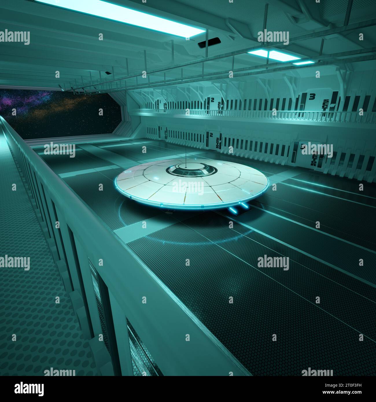 White metal flying saucer standing in a hangar. Extraterrestrial ...
