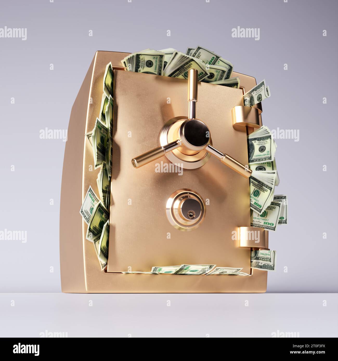 A 3D rendering of a closed, golden armored safe filled to the brim with ...