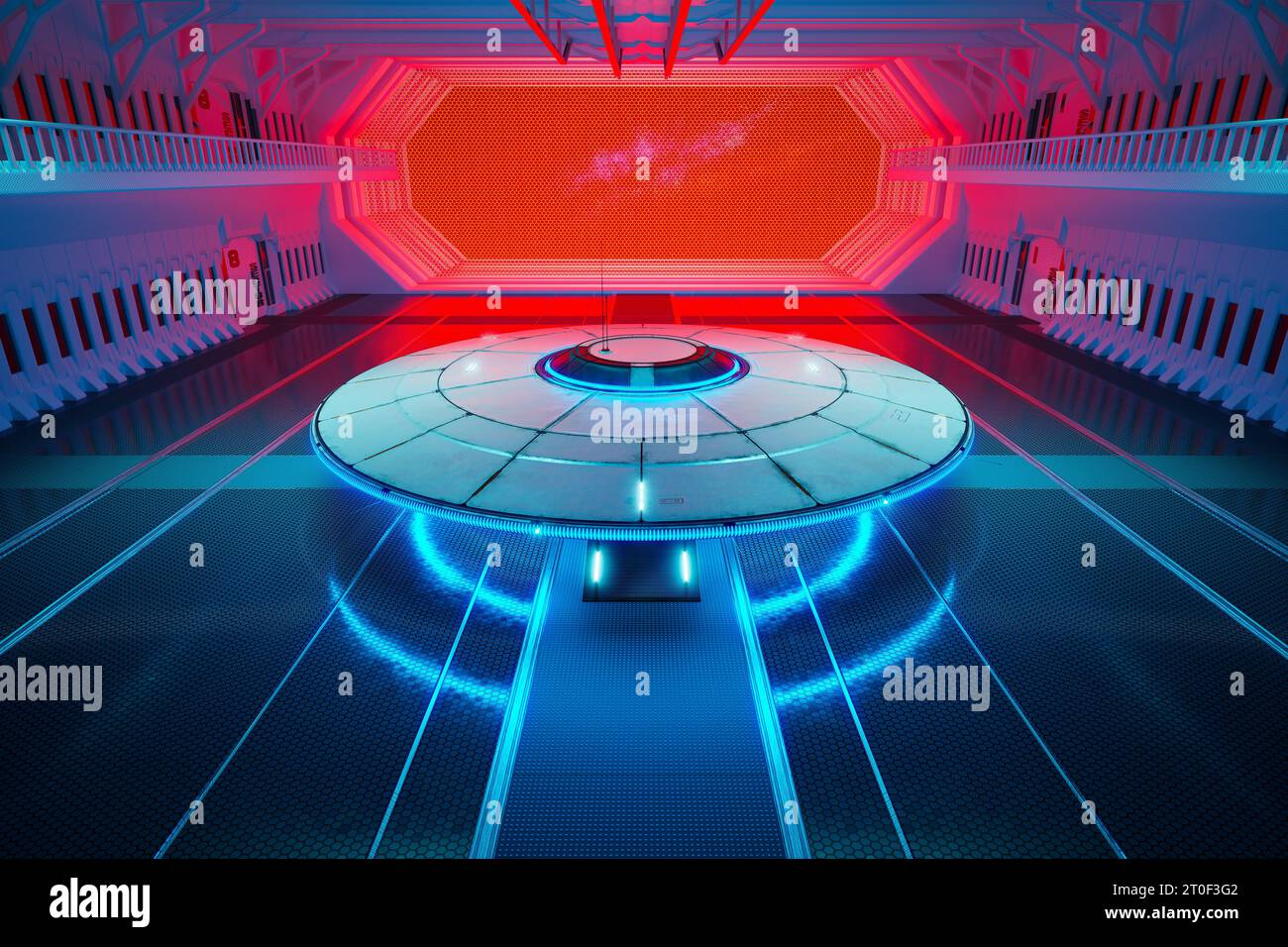 White metal flying saucer standing in a bright futuristic ...