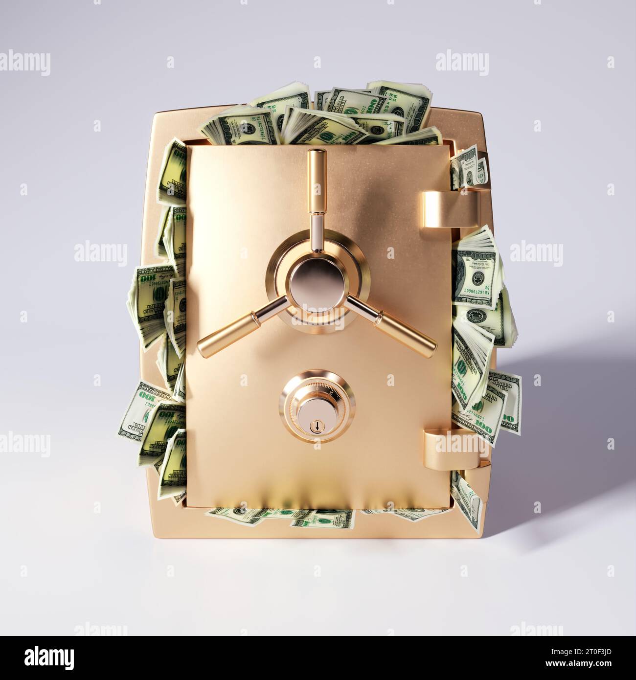 A 3D rendering of a closed, golden armored safe filled to the brim with ...