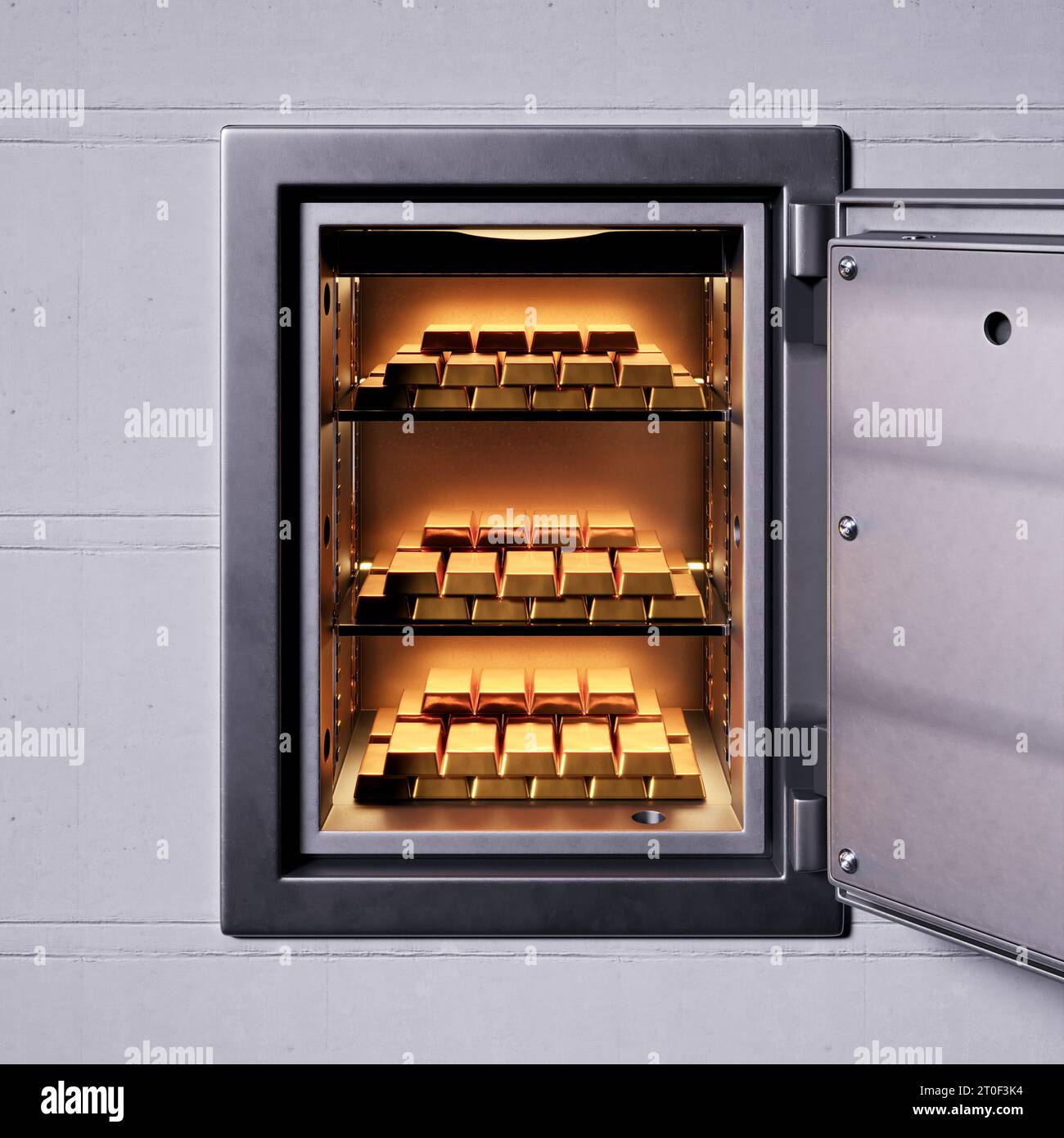 Armored safe that is filled to the brim with glowing, pure gold bars ...