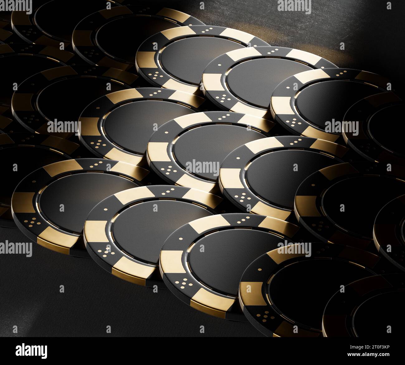 Black and gold casino tokens arranged on a dark poker table. Image ...