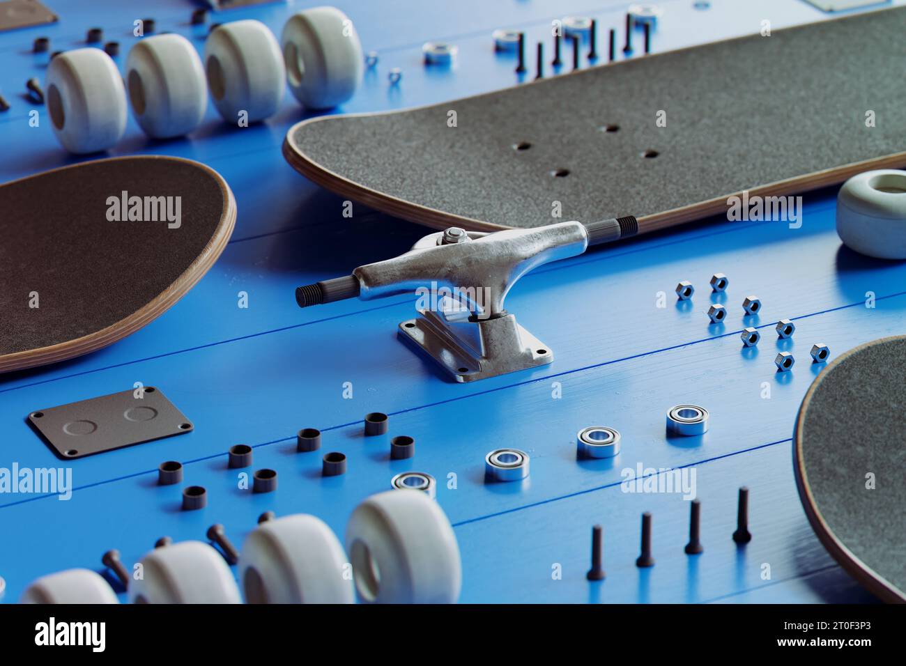 Countless disassembled skateboard parts lying on a blue floor. Creative ...