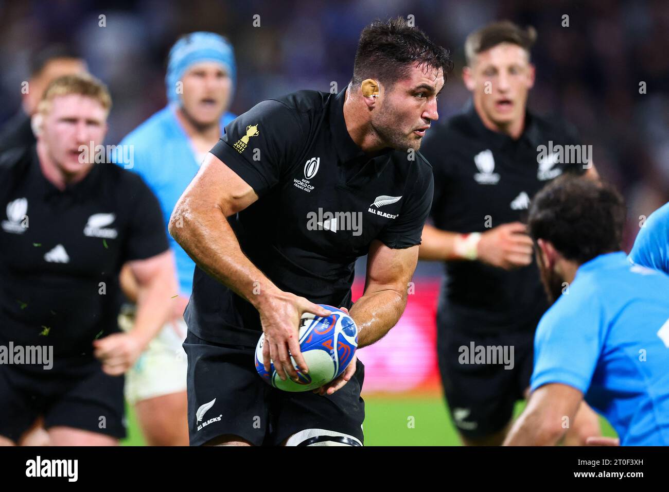 Luke Jacobson #8 of New Zealand during the Rugby World Cup Pool A match ...