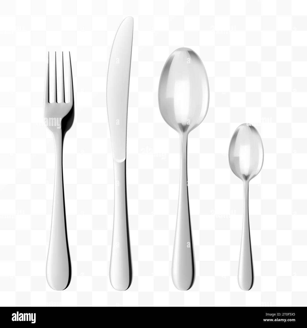 Stainless steel glossy metal cutlery isolated on transparent background. Spoon, teaspoon, forks ...