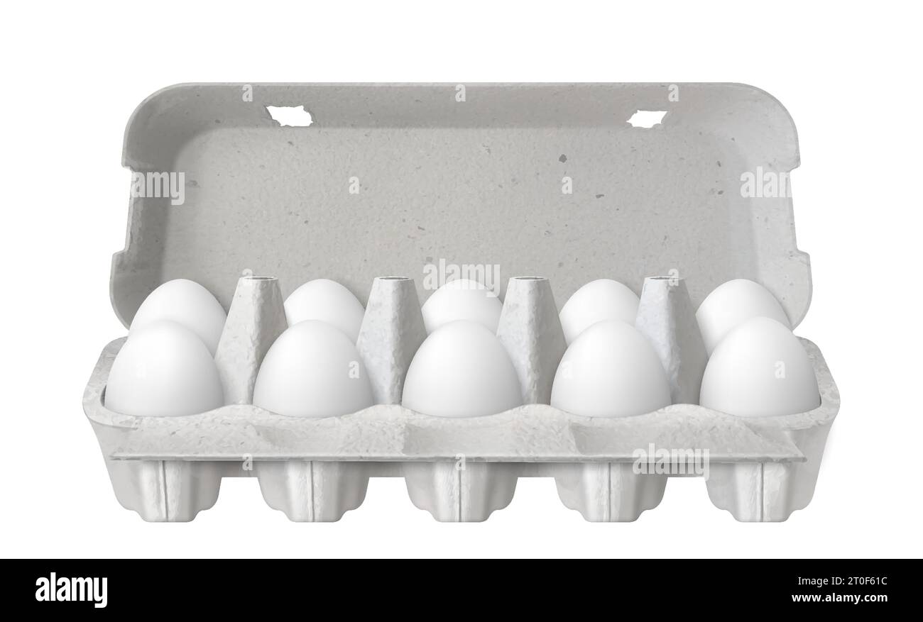 Open egg box with ten white eggs isolated on white background. Fresh ...