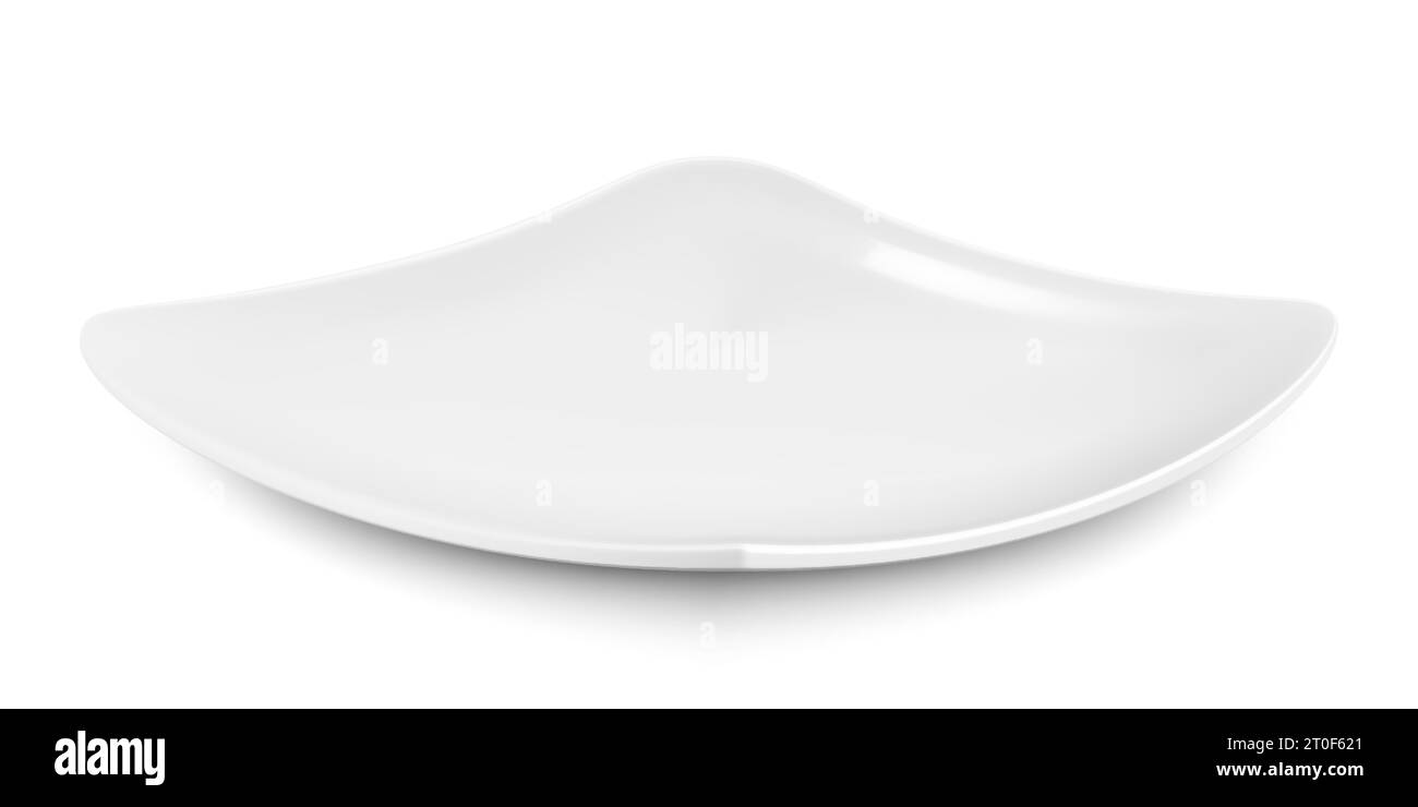 Empty square ceramic plate low angle shot, isolated on white background ...