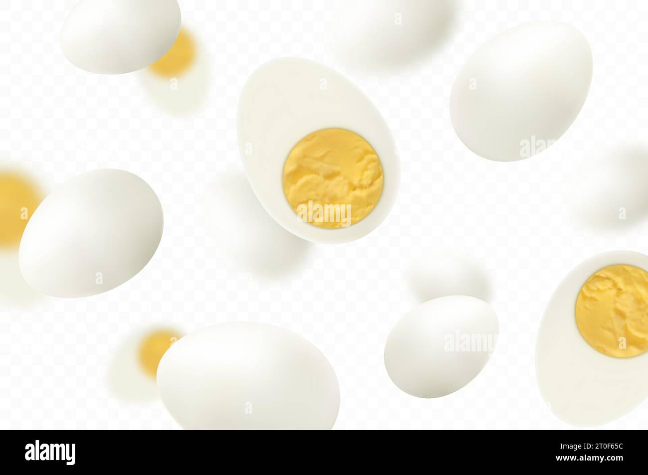 Flying hard boiled eggs , isolated on white background. Falling tasty boiled chicken egg, whole ...