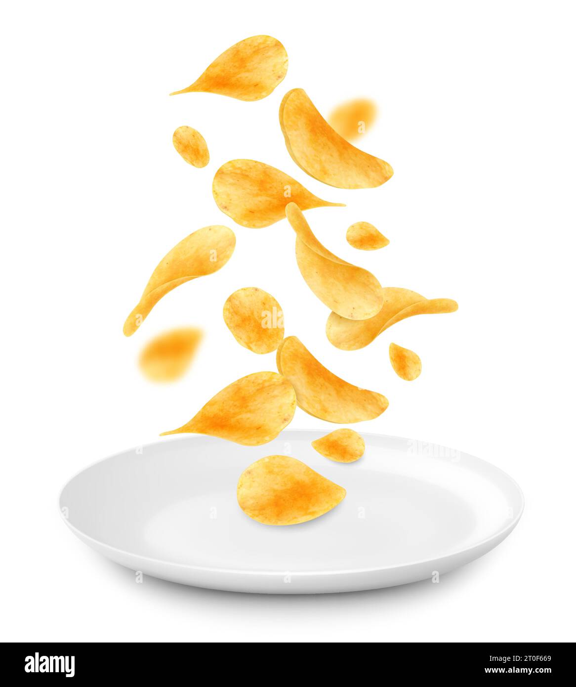 Potato chips falling in white ceramic plate isolated on white ...