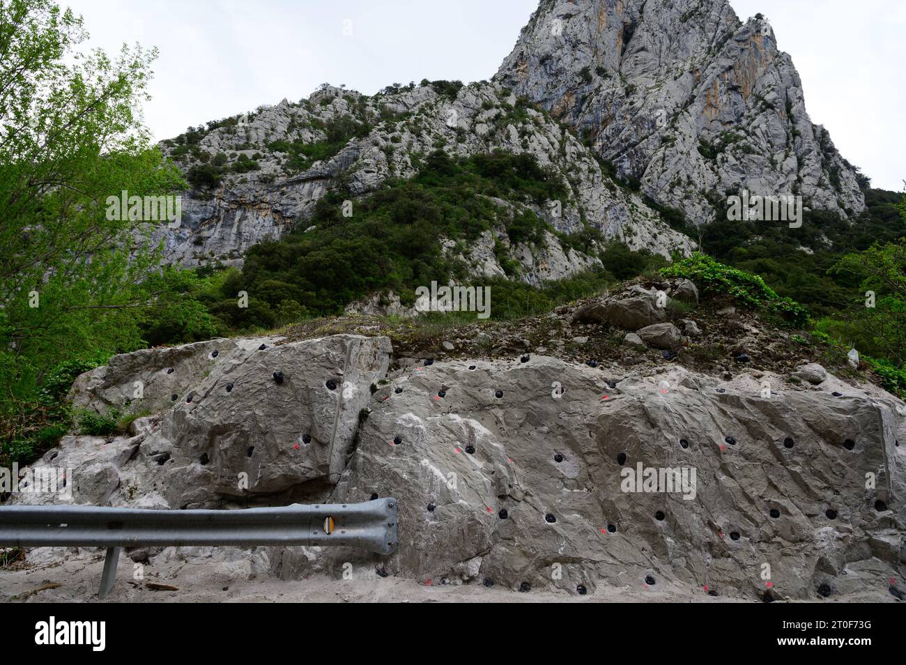 Road construstion works, dynamite hols for blasting of rock in ...