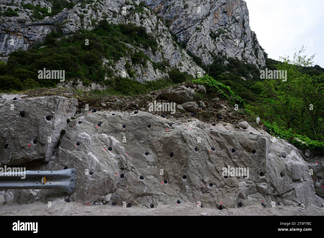 Road construstion works, dynamite hols for blasting of rock in ...