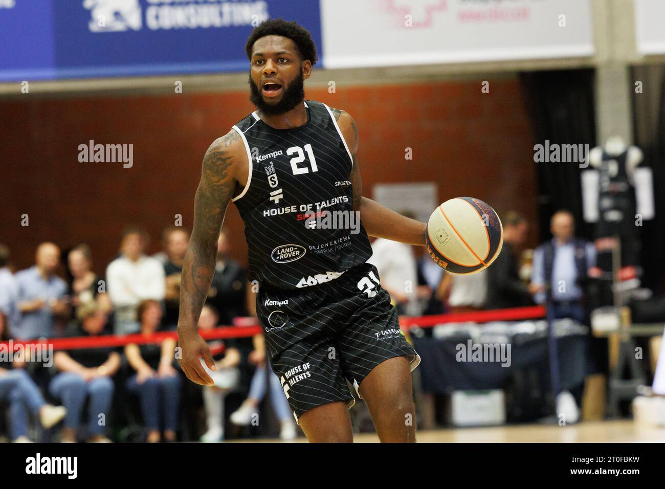 Kortrijk, Belgium. 06th Oct, 2023. Kortrijk's Jamarius Burton pictured ...