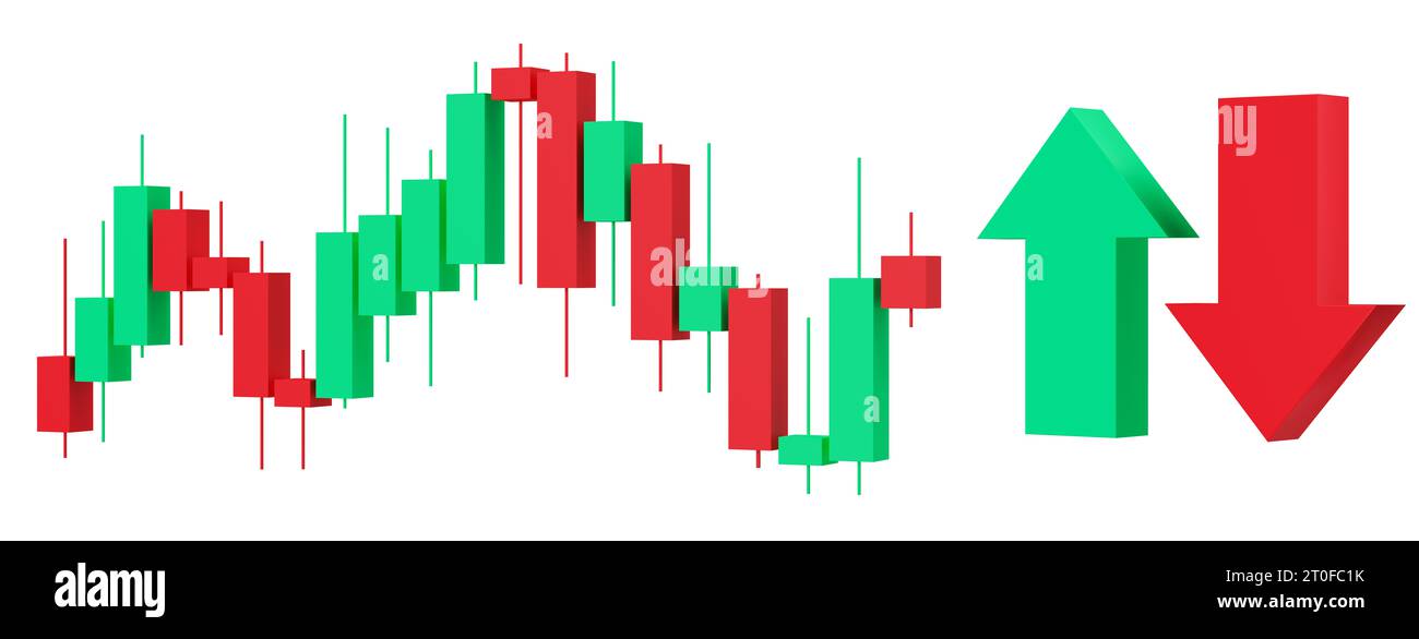 Trading chart, green and red arrows isolated on white background. Stock trade data on graph with ...
