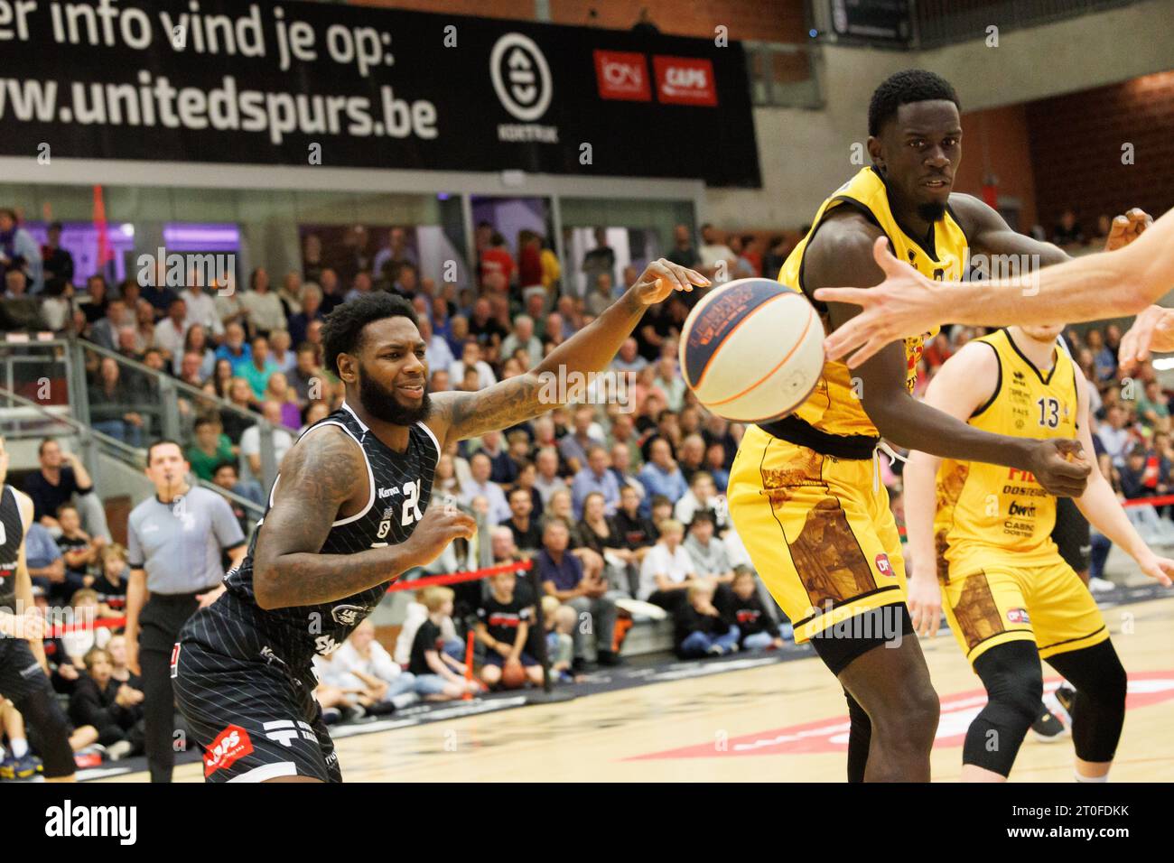 Kortrijk, Belgium. 06th Oct, 2023. Kortrijk's Jamarius Burton and ...