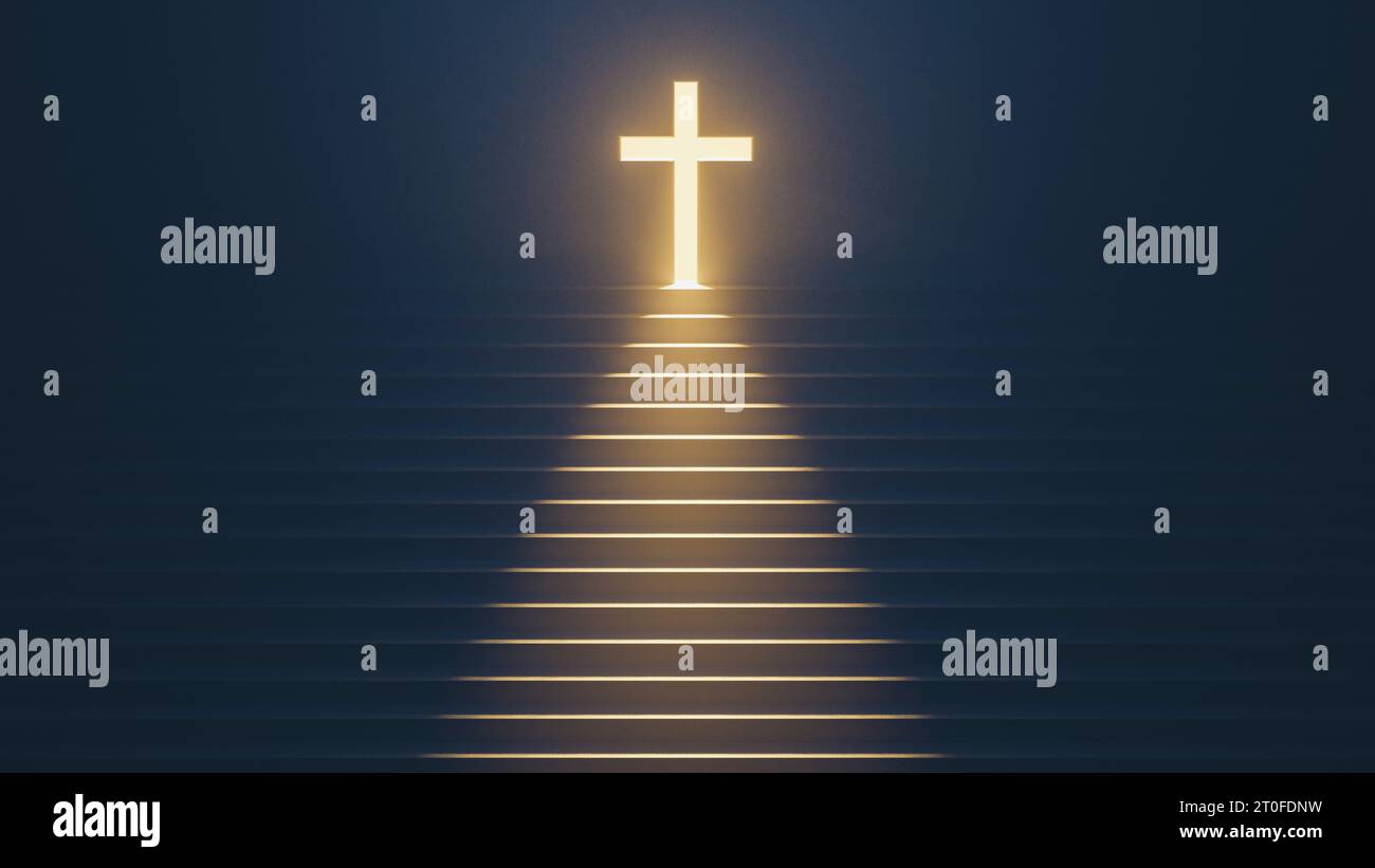 Glowing cross and a stairs leads to it Stock Photo - Alamy