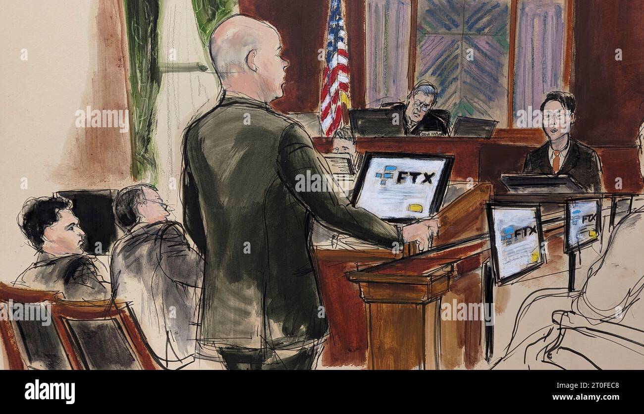 This courtroom sketch shows FTX co-founder Sam Bankman Fried, far left ...