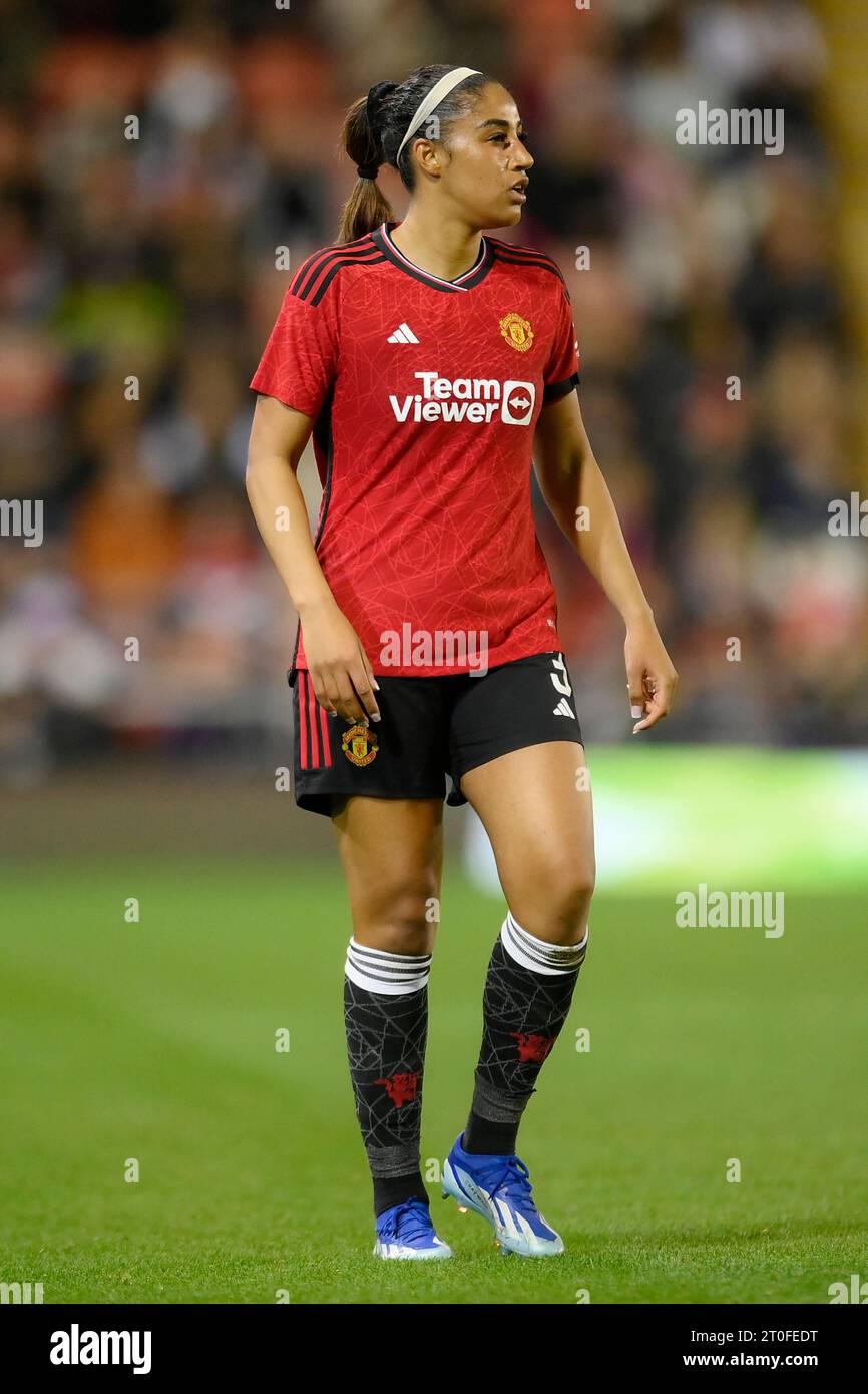 Leigh, UK. 6th Oct, 2023. Gabrielle George of Manchester United Women ...