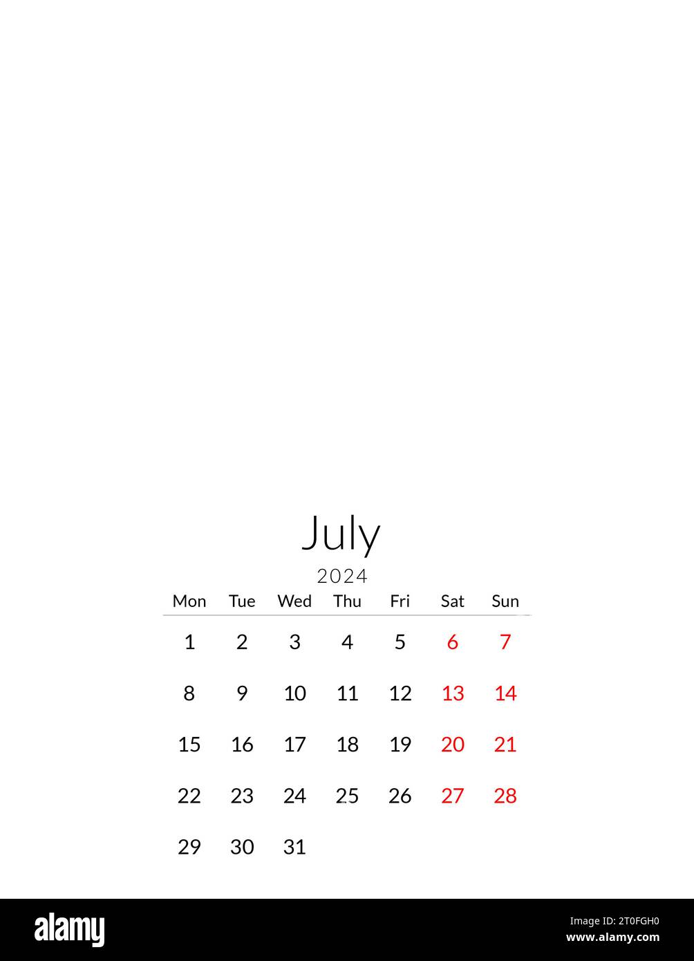 July 2024 calendar template with a place for your photos Stock Photo ...