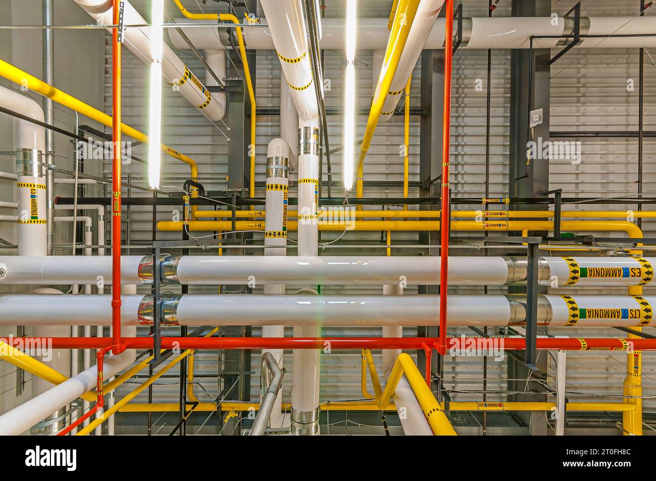 Colorful piping near ceiling in a cold-storage (industrial ...