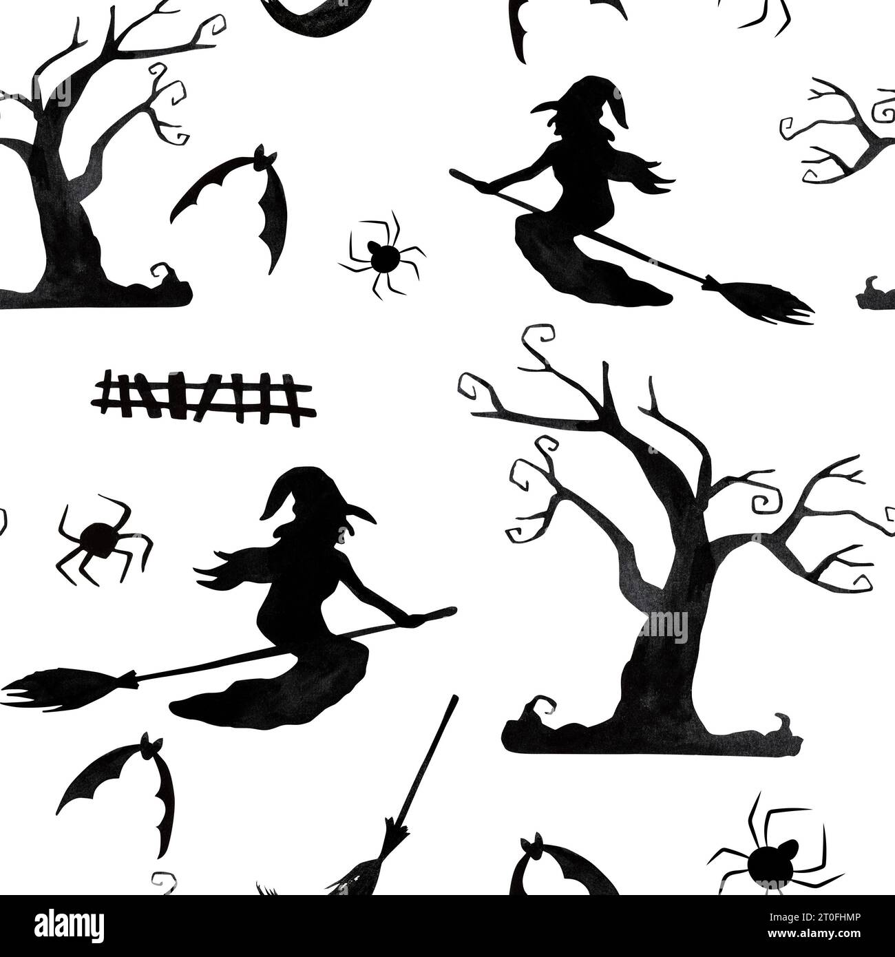 Halloween creepy tree and witch on broom with spiders watercolor ...