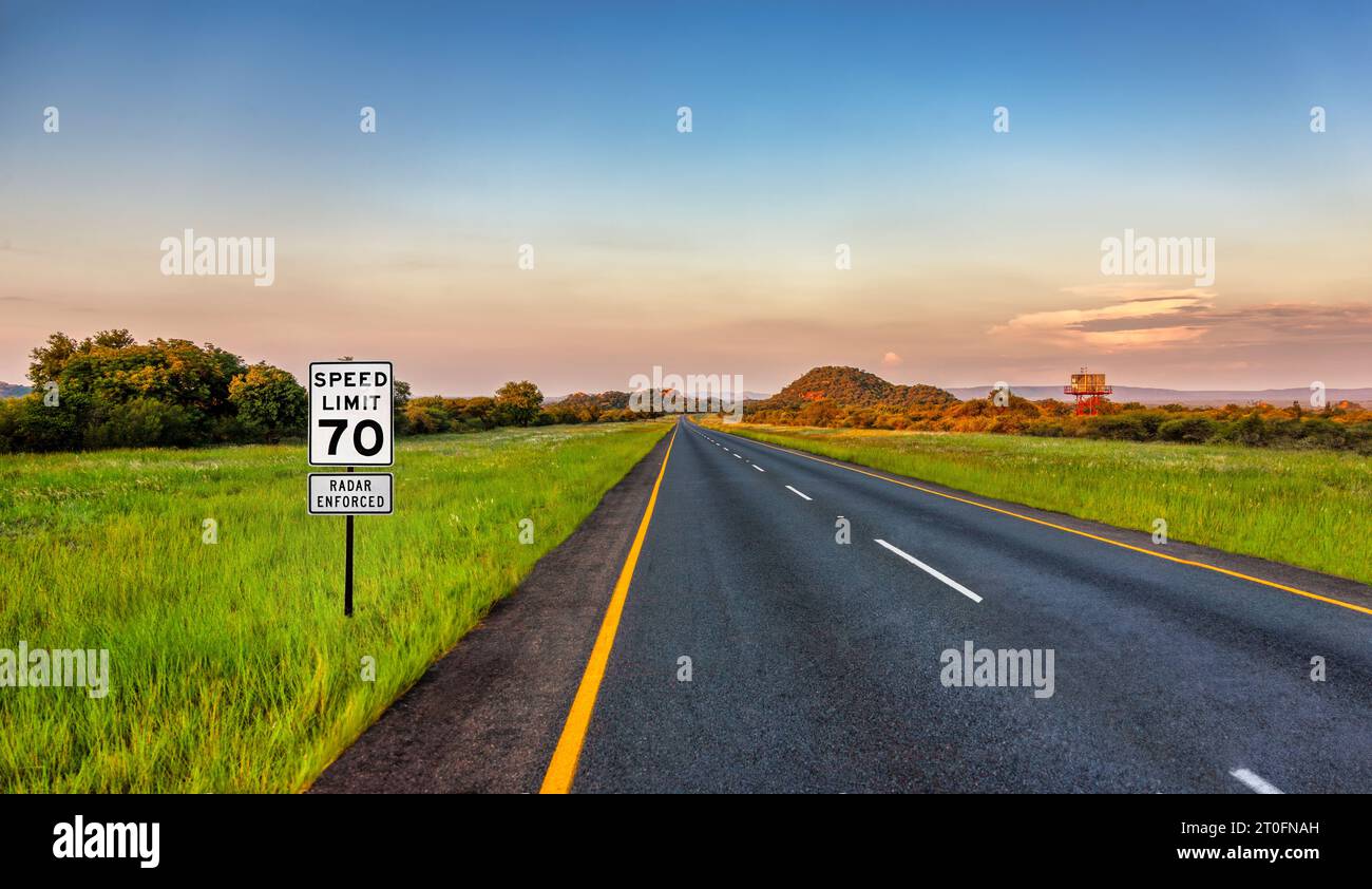 speed limit 70, enforced by radar, road sign marking on the side of the ...