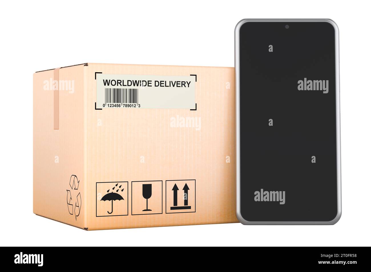 Mobile phone with parcel, cardboard box. 3D rendering isolated on white ...