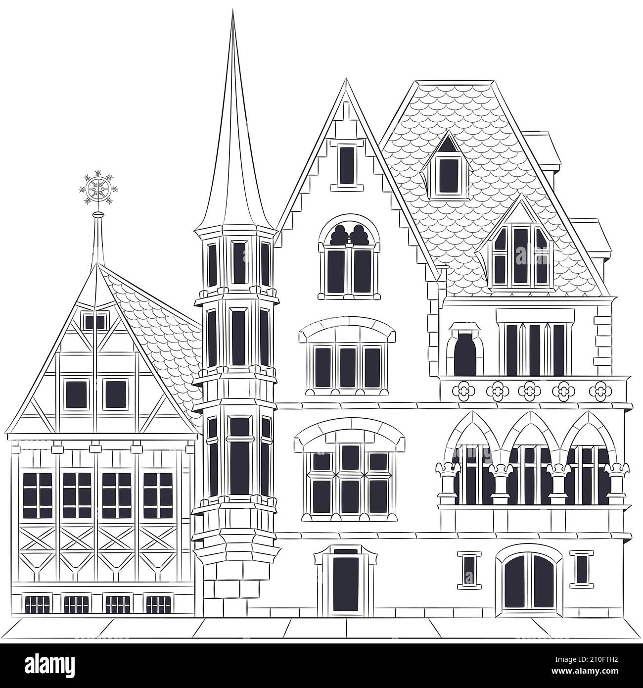 Black and white drawing of a traditional old half-timbered and stone ...