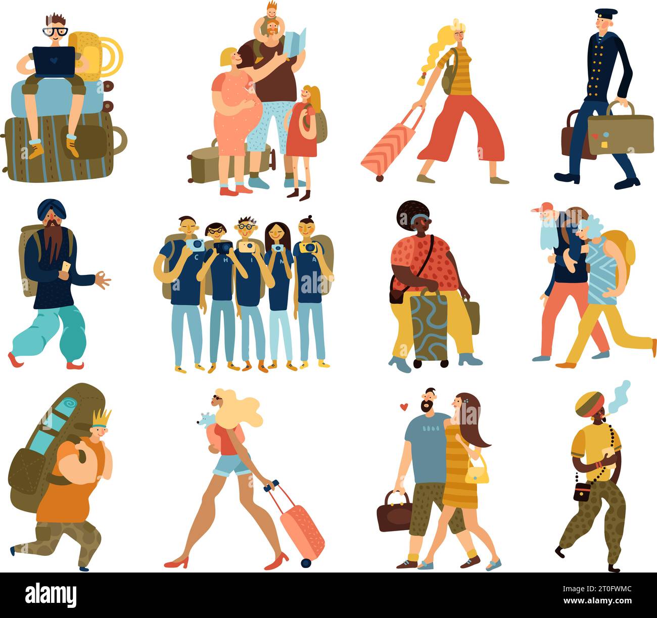 People trips isolated icons set with cartoon groups of traveling ...