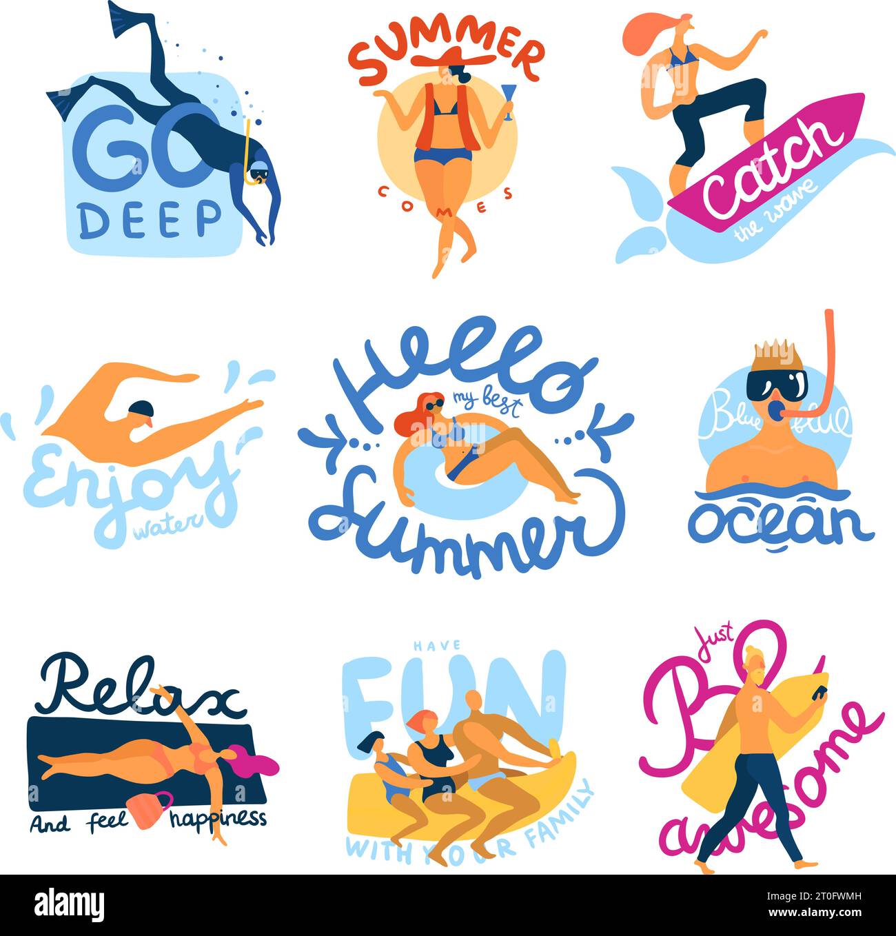 Sea activities emblems set with summer symbols flat isolated vector ...