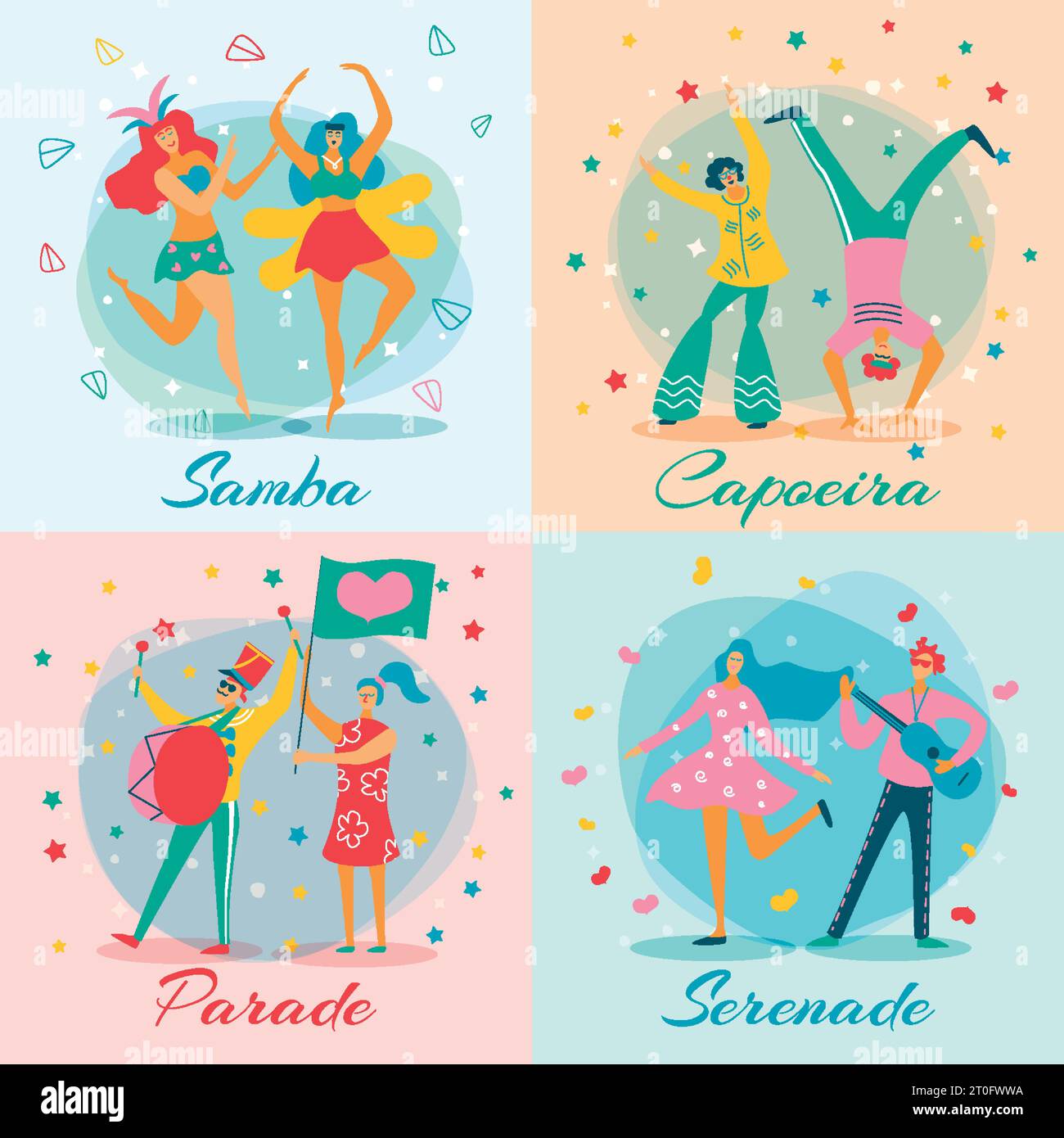 Four squares parade people flat icon set with samba capoeira parade and ...